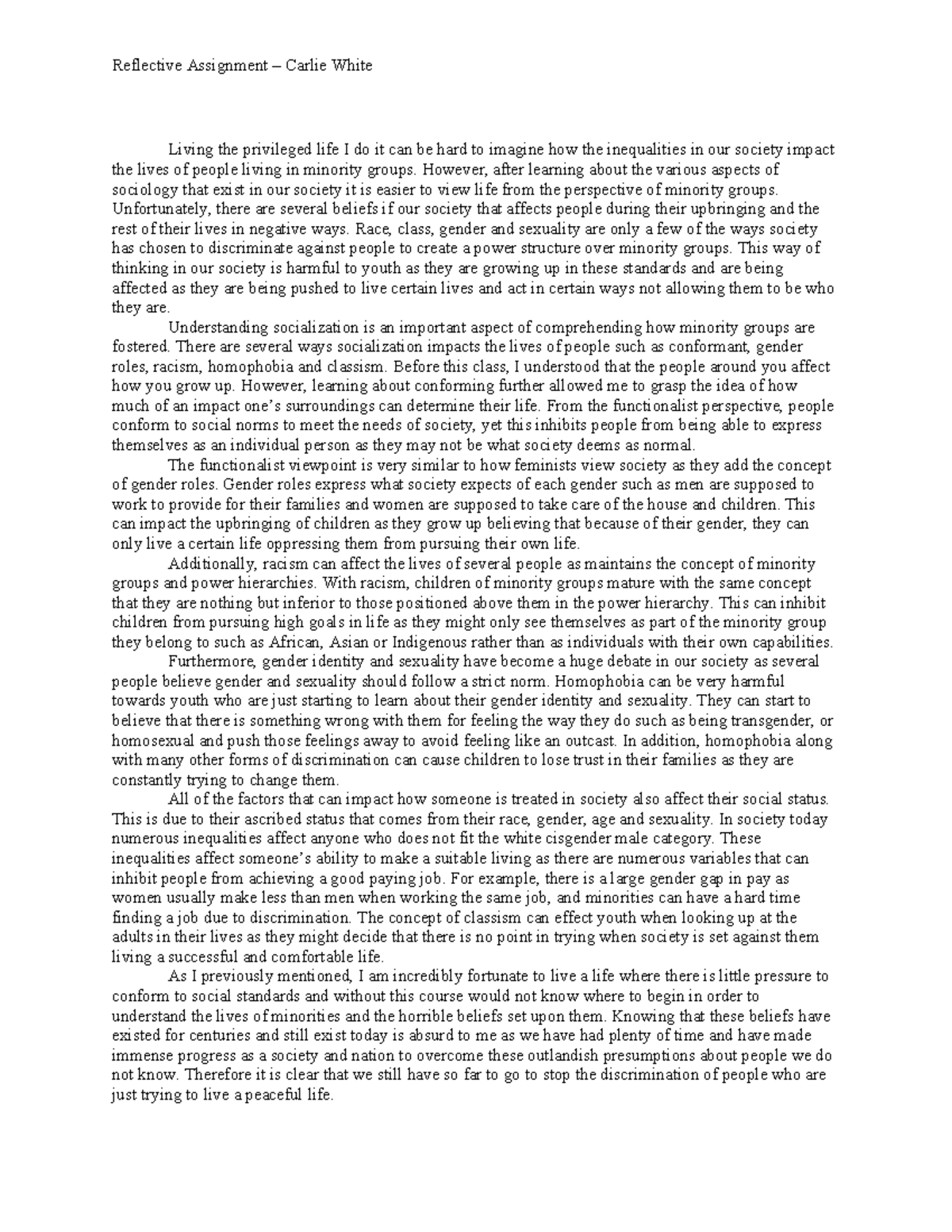 Reflective Essay Soci - Reflective Assignment – Carlie White 1 Living ...