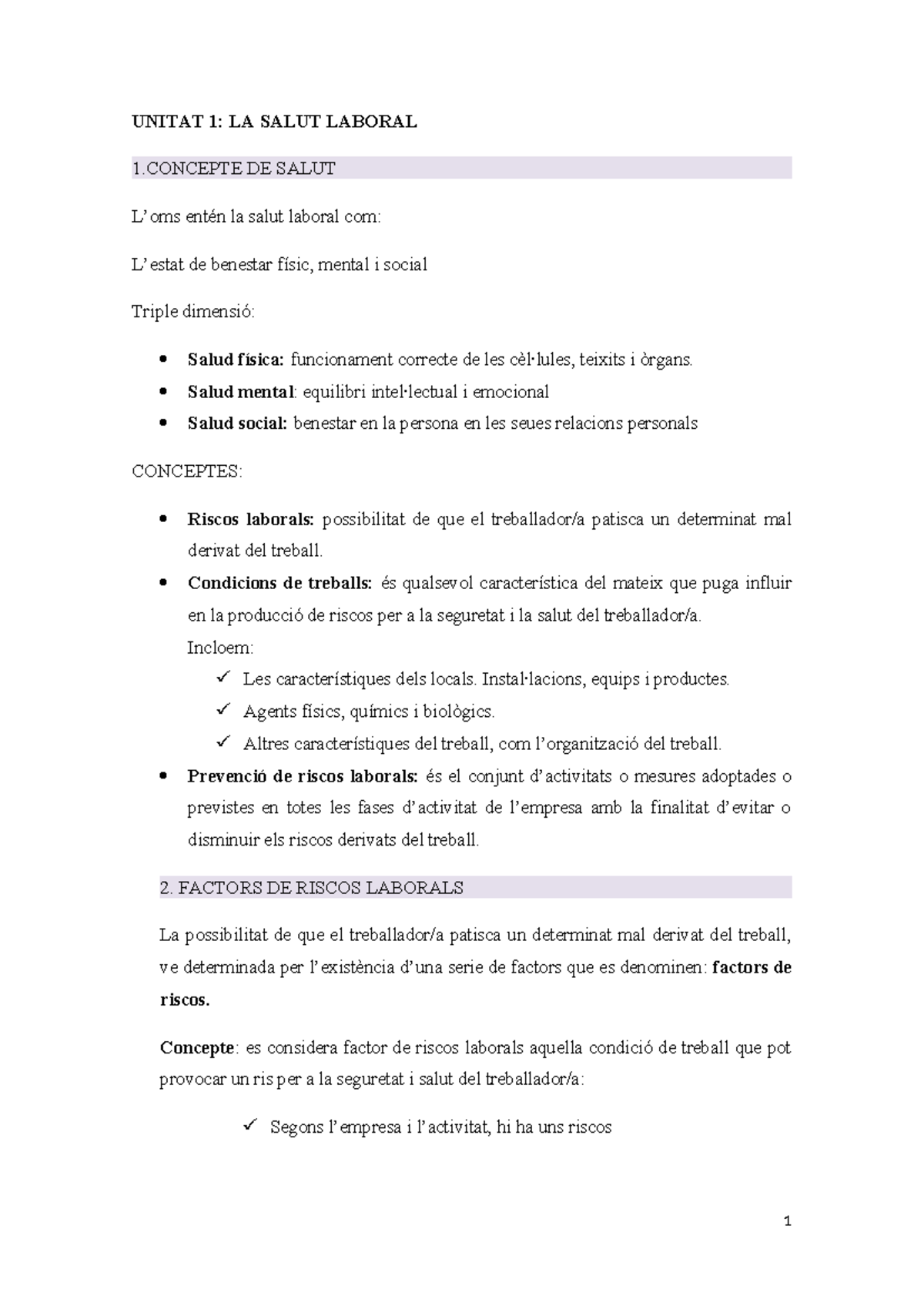 Unitat 1 FOL - FOL - UNITAT 1: LA SALUT LABORAL 1 DE SALUT L’oms entén la salut laboral com: L ...