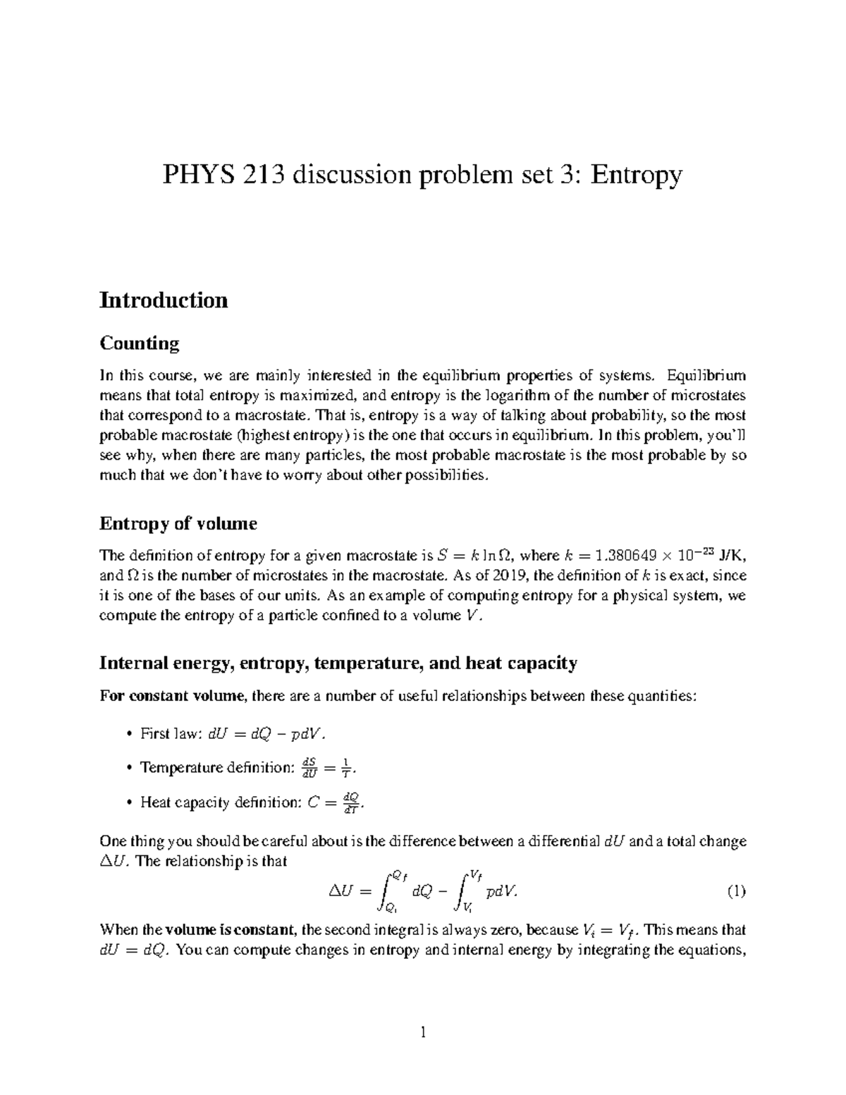 Discussion 3 - PHYS 213 discussion problem set 3: Entropy Introduction Counting In this course ...