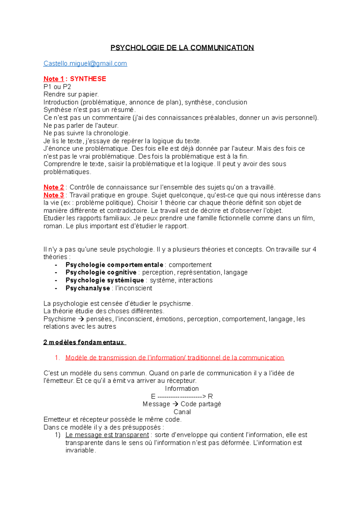 Psycho - Notes de cours 1 - PSYCHOLOGIE DE LA COMMUNICATION Castello ...