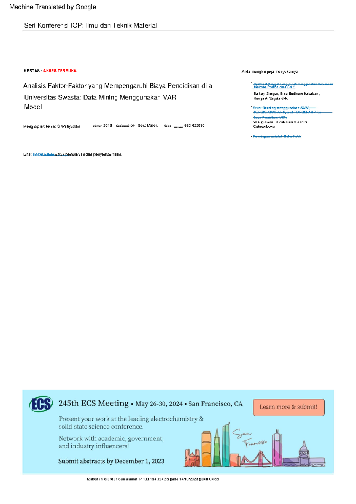 Wahyuddin 2019 IOP Conf. Ser. Mater. Sci - Seri Konferensi IOP: Ilmu dan Teknik Material Anda ...