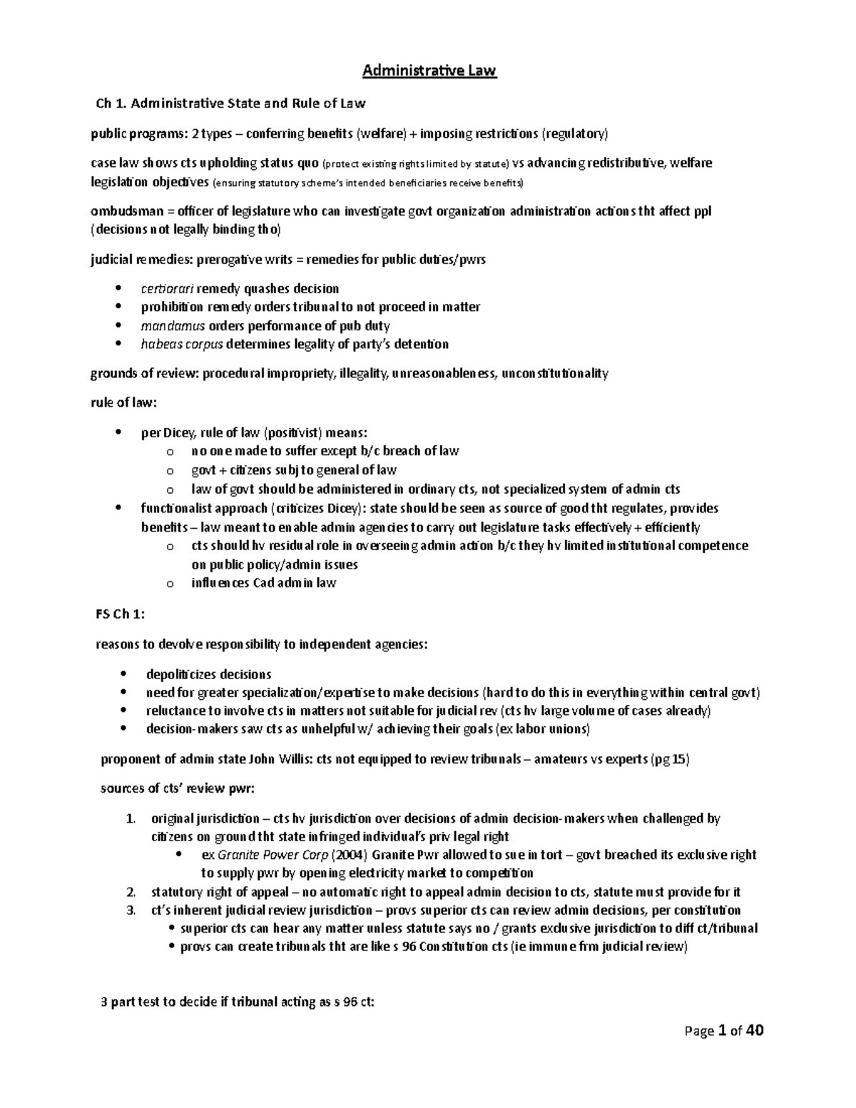 Administrative Law Notes 2020 - Administrative Law Ch 1. Administrative ...