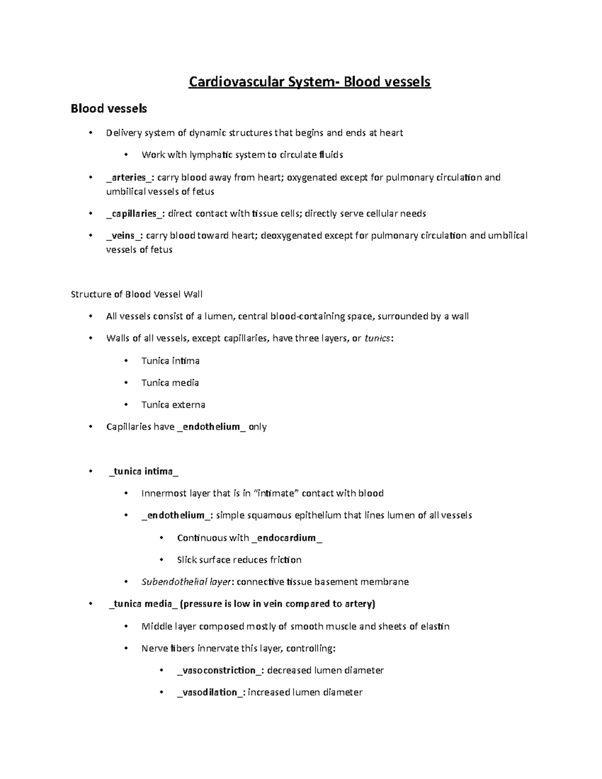 Cardiovascular System - Blood Vessels - Cardiovascular System- Blood ...