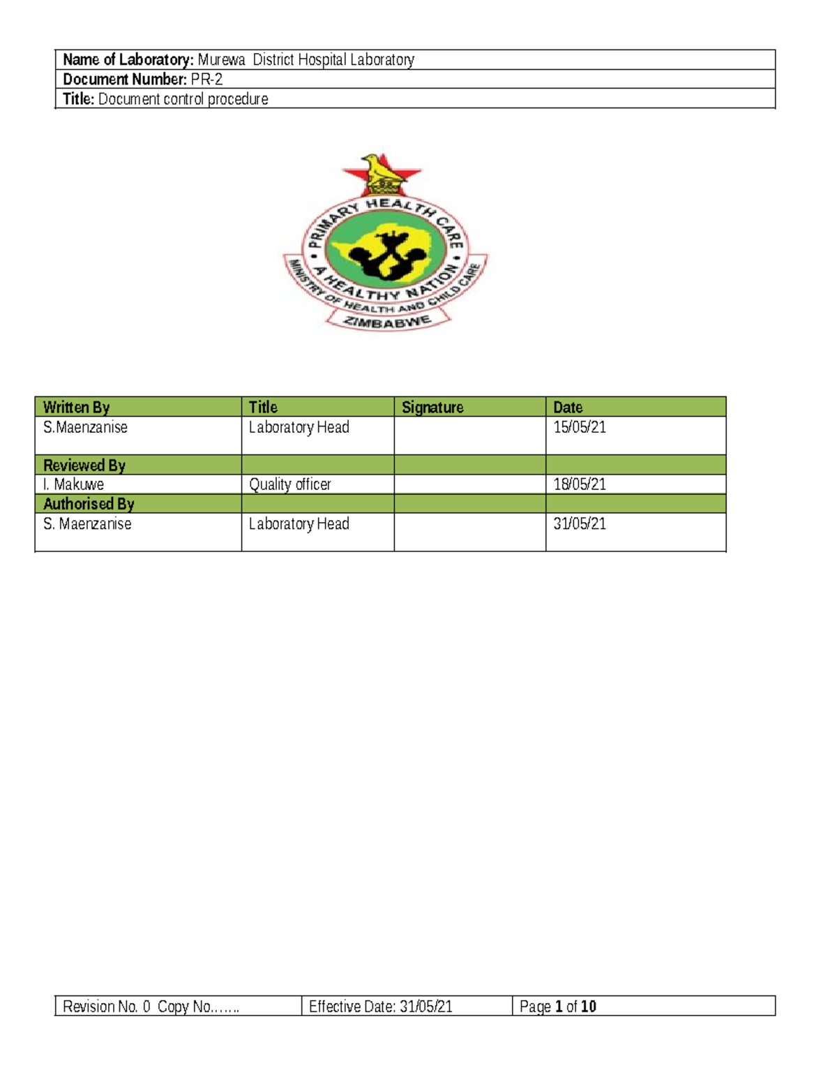 PR 2- Document Control-MDH - Document Number: PR- Title: Document ...