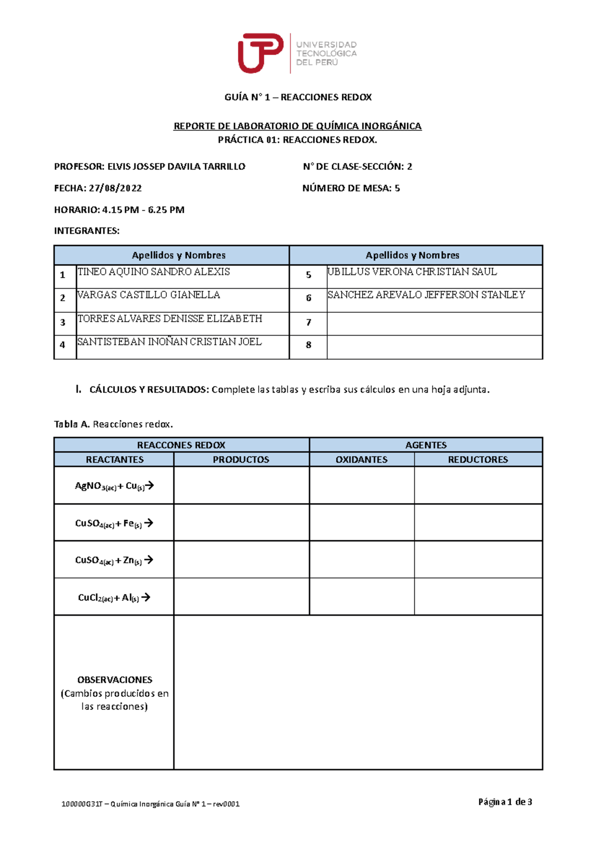Ficha De Trabajo Guia N°1 Reacciones Redox GuÍa N° 1 Reacciones