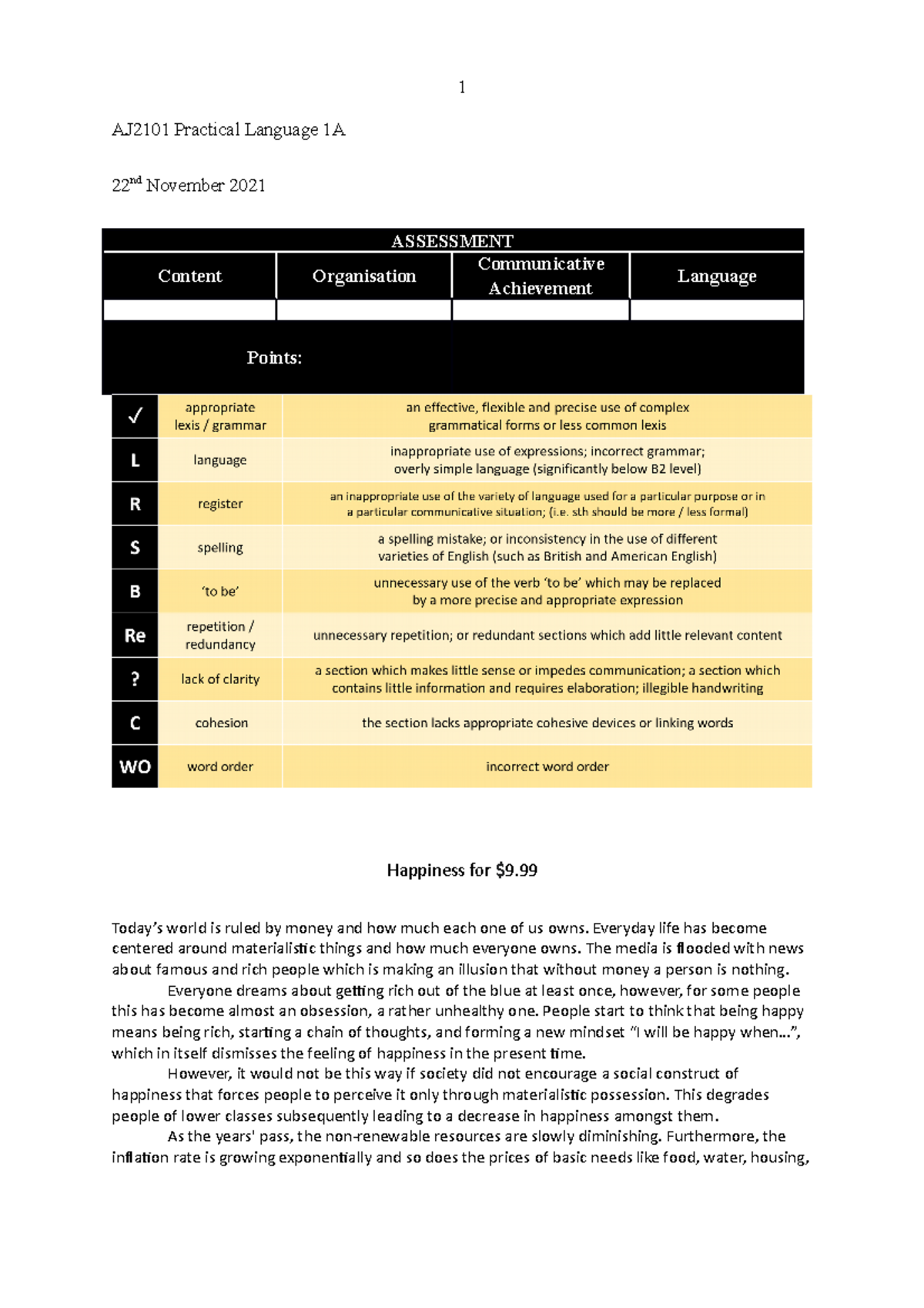Written Assignment PLA1 - 1 AJ2101 Practical Language 1A 22 nd November ...
