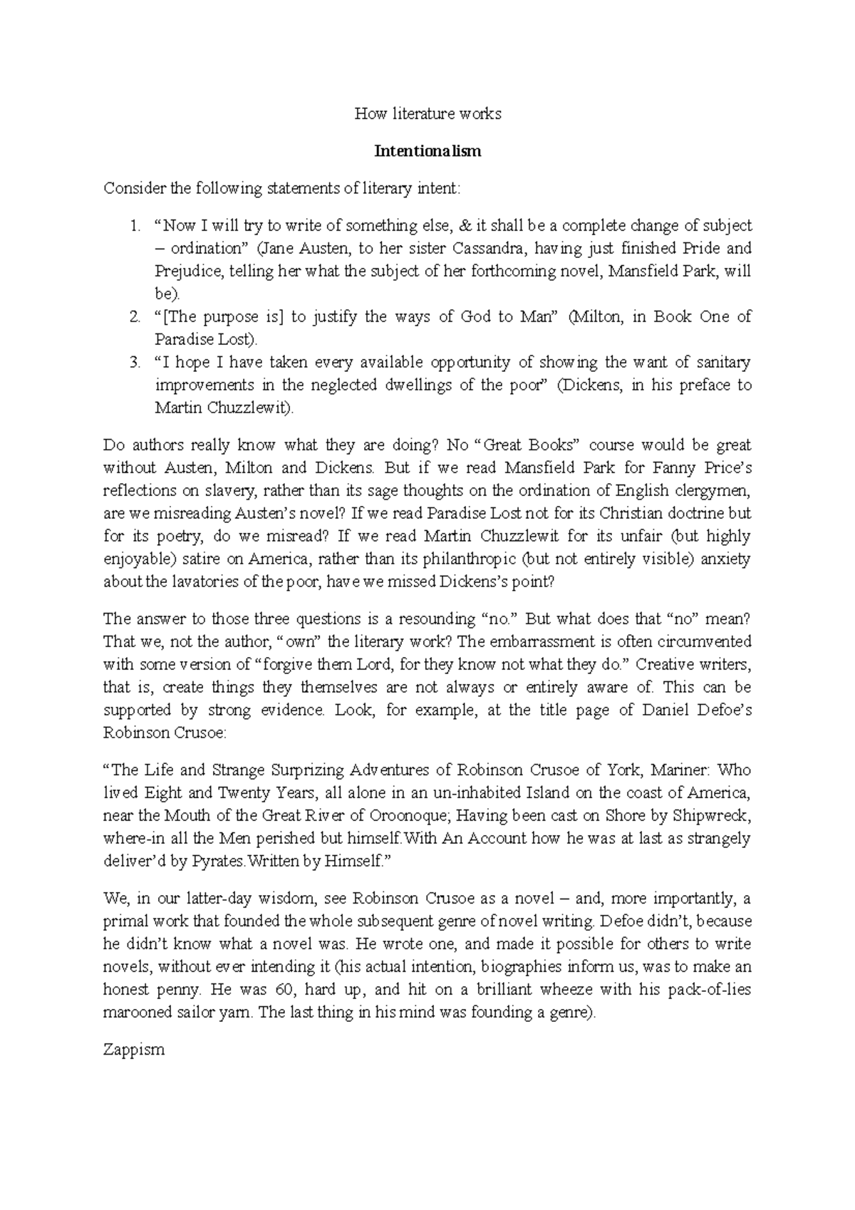 How literature works Intentionalism summary - How literature works ...