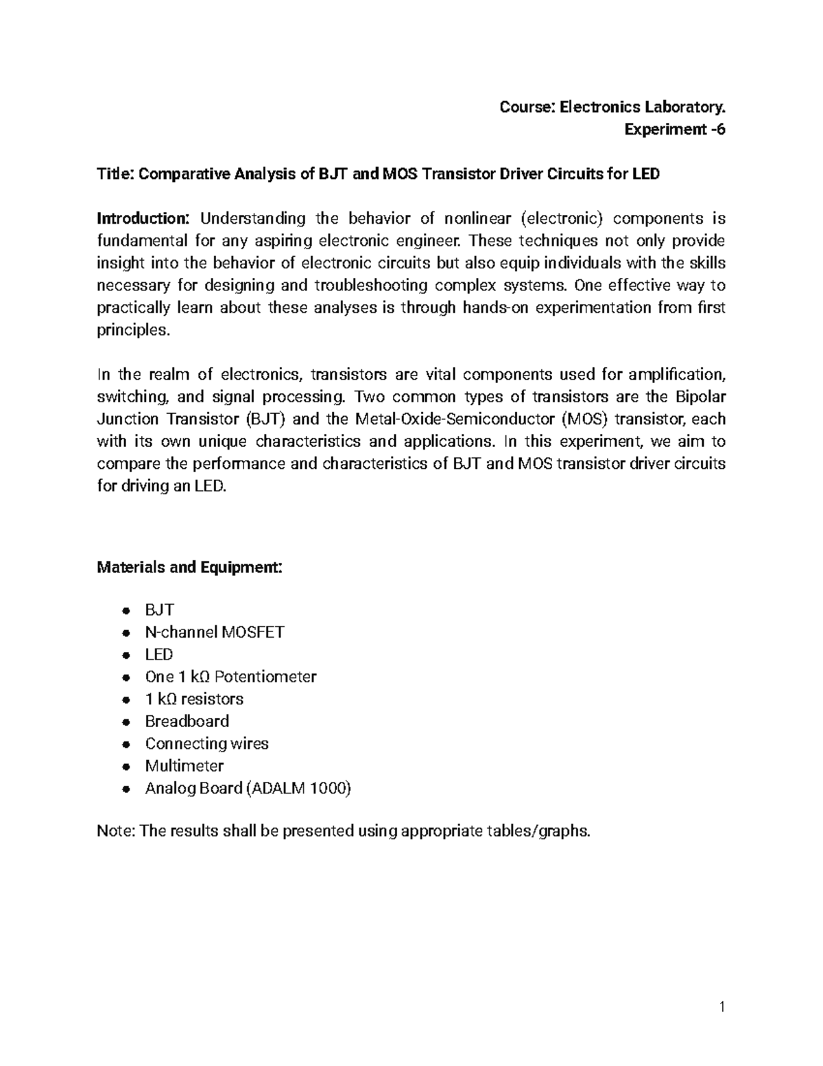 Week-5 Lab Assignment (Analog Expt 3) - Course: Electronics Laboratory. Experiment - Title ...