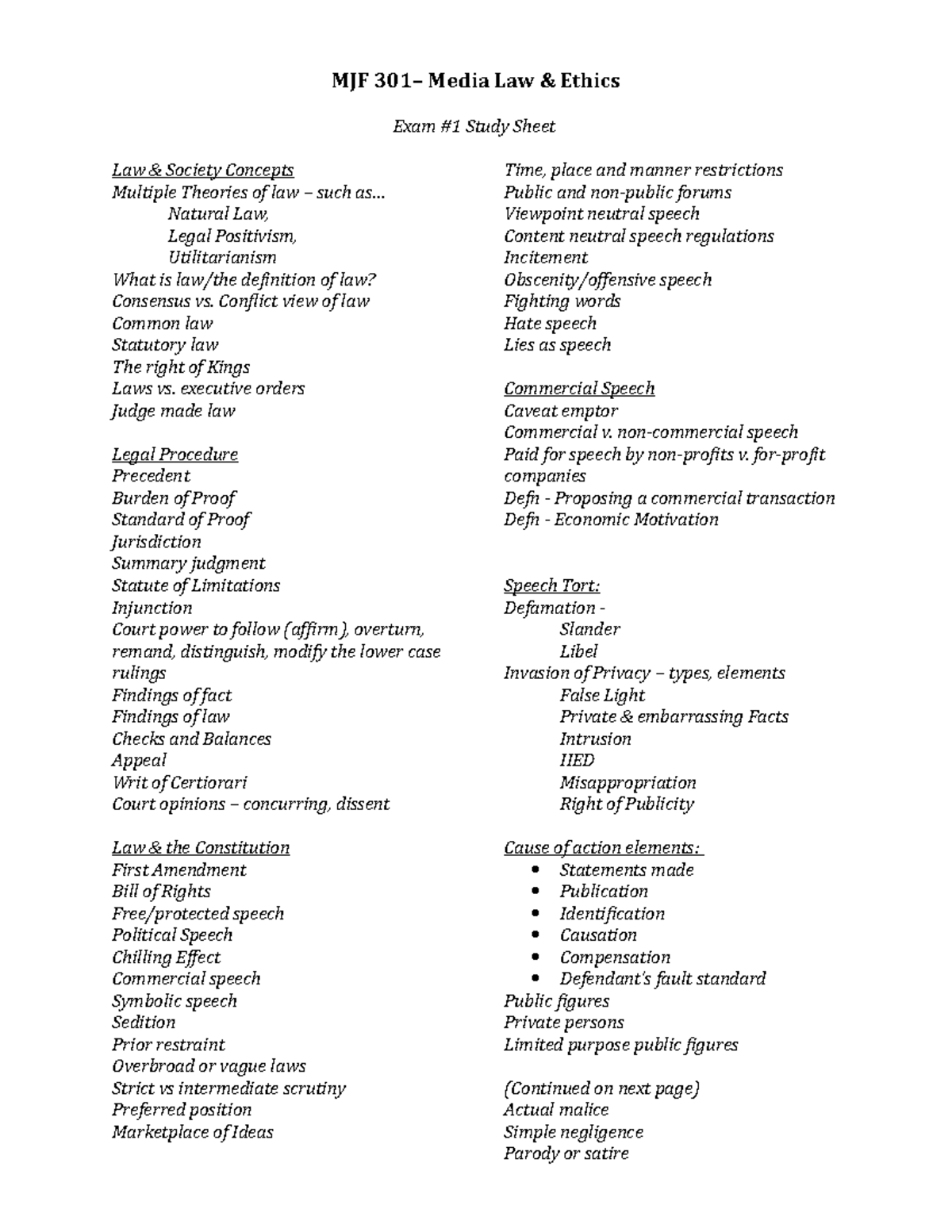 Exam #1 Study Sheet - MJF 301– Media Law & Ethics Exam #1 Study Sheet ... Exam #1 Study Sheet - MJF 301– Media Law & Ethics Exam #1 Study Sheet ...