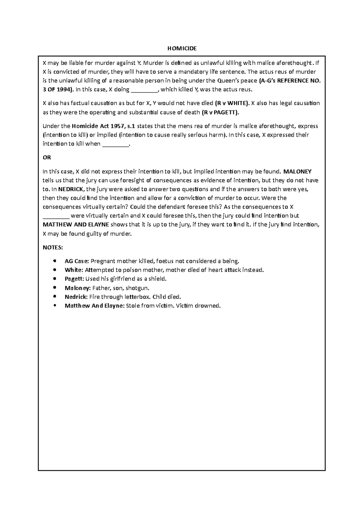Homicide Template - HOMICIDE X may be liable for murder against Y ...