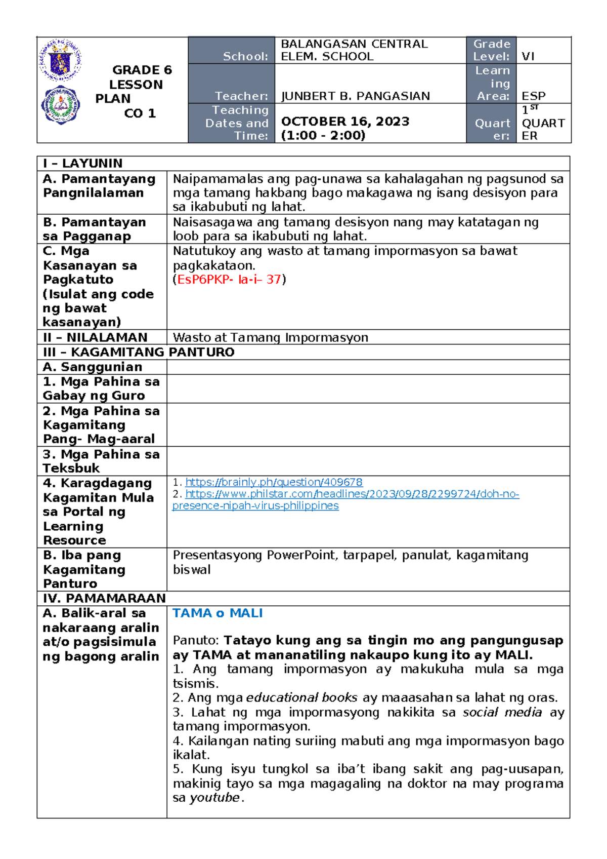 CO1 ESP6 - ESP 6 Sample Lesson Plan for Class Observation - GRADE 6 ...