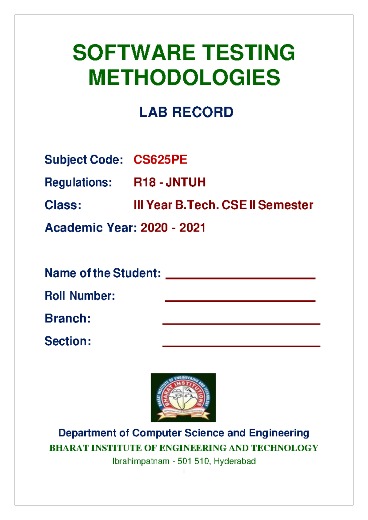 STM LAB Record - STM LB RCD - i SOFTWARE TESTING METHODOLOGIES LAB ...
