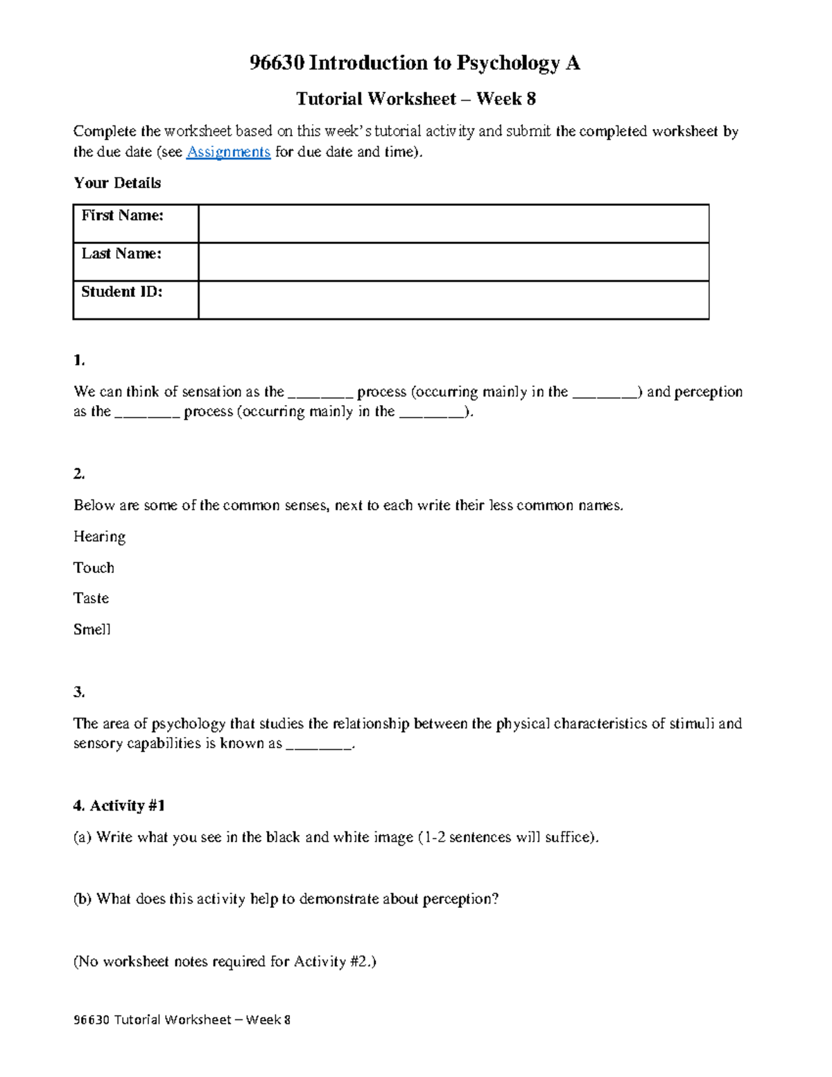 Full tutorial worksheet - 96630 Introduction to Psychology A 96630 ...