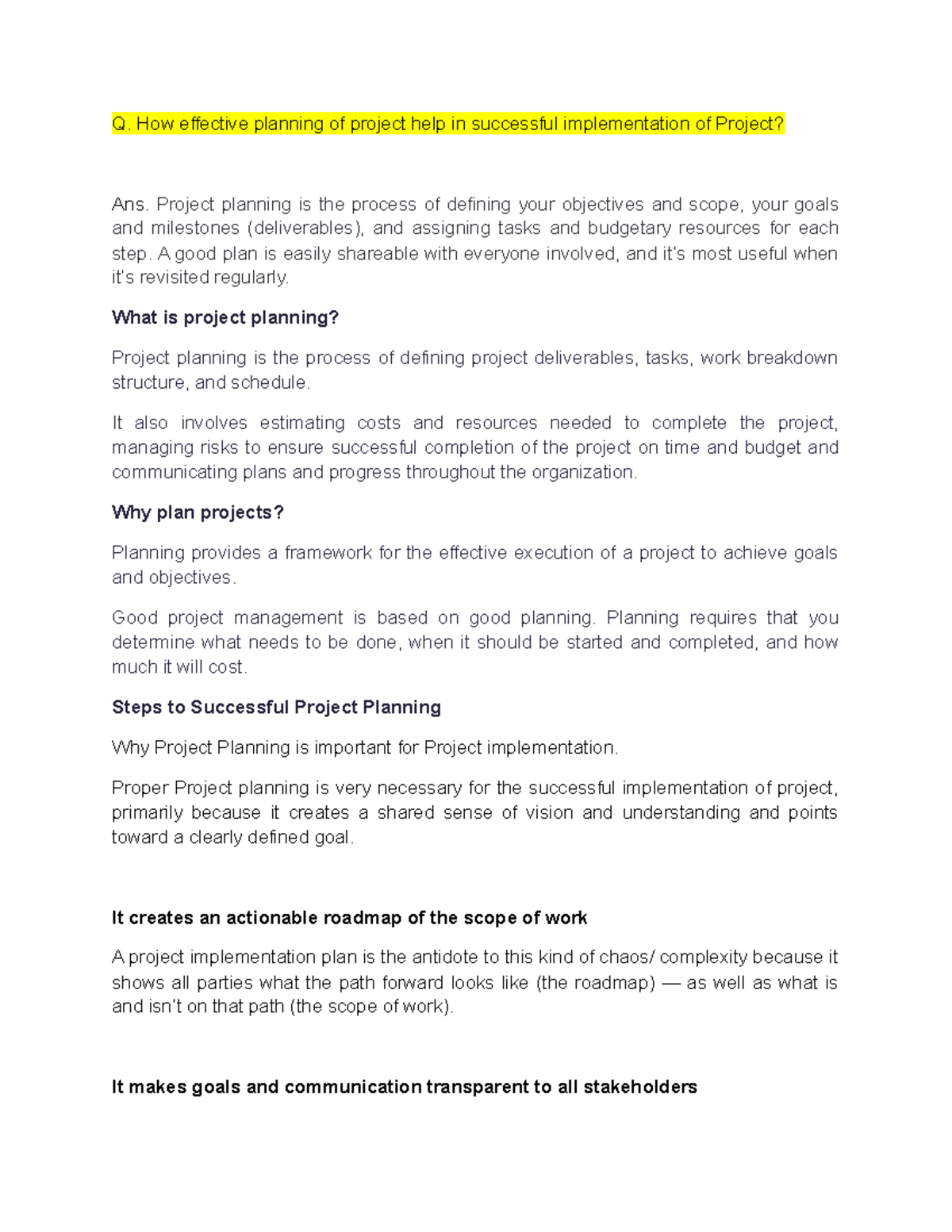 How effective planning of project help in successful implementation of ...