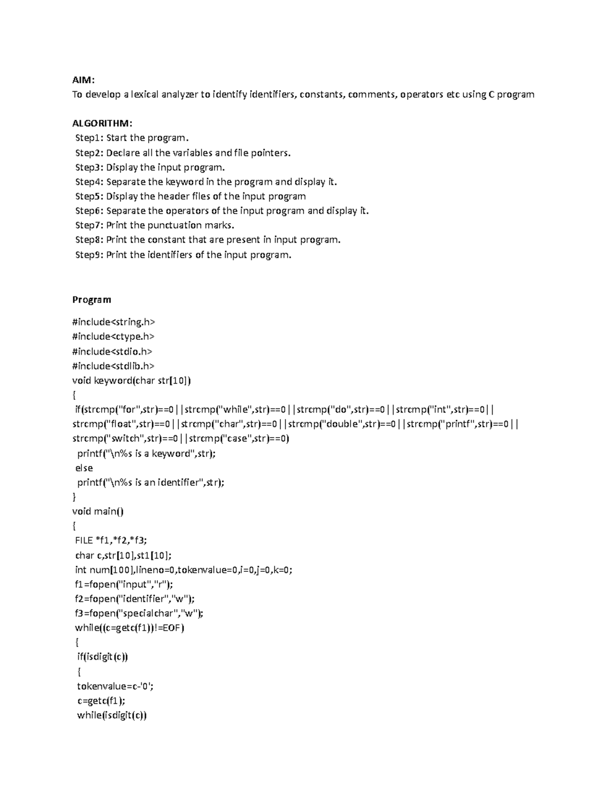 Ex No 1 - AIM: To develop a lexical analyzer to identify identifiers ...