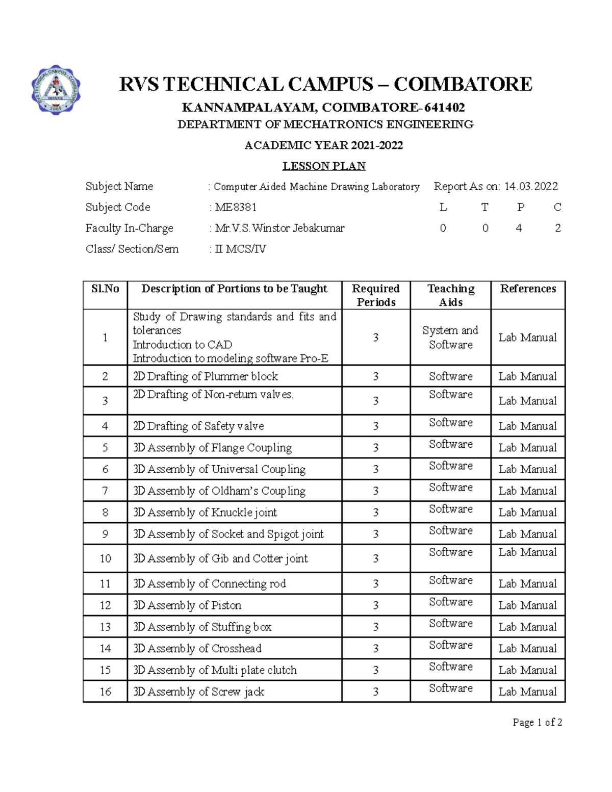 CAMD LAB Lesson PLAN - CAMD - RVS TECHNICAL CAMPUS – COIMBATORE ...