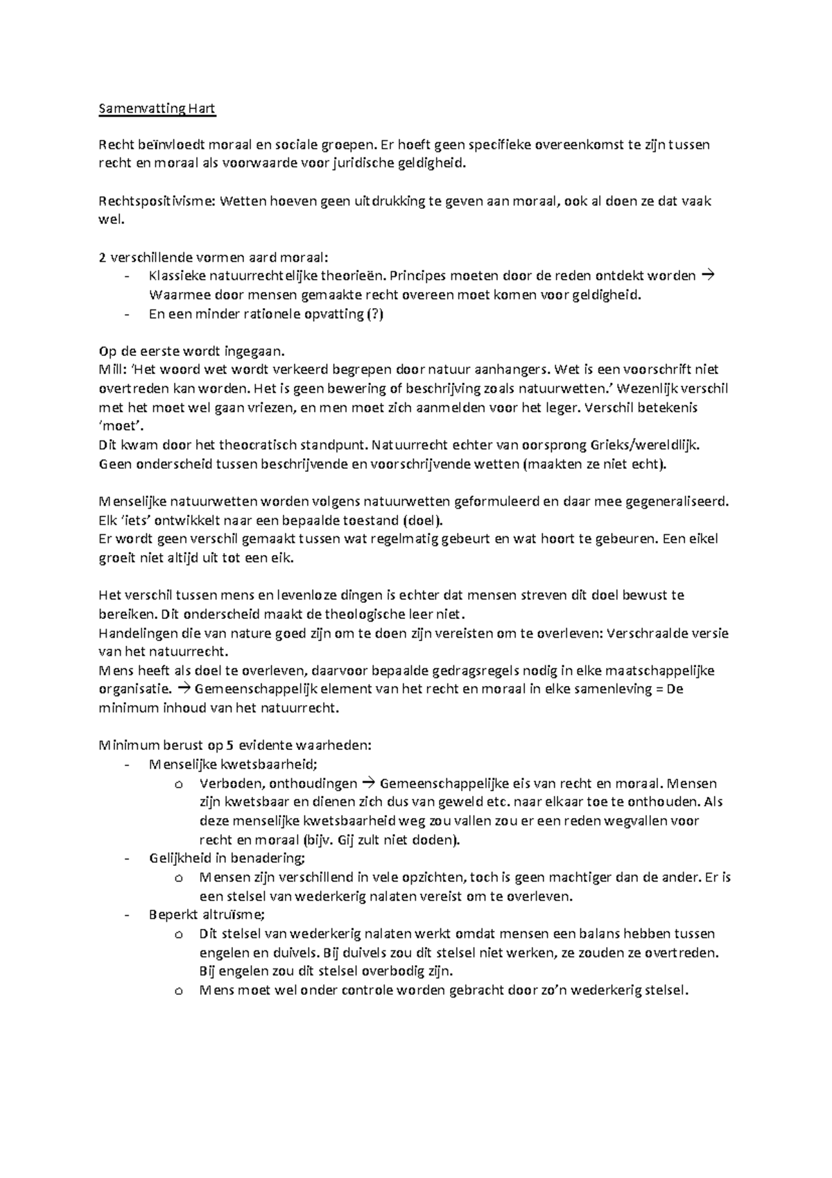 Beknopte samenvatting Hart - Samenvatting Hart Recht beïnvloedt moraal ...