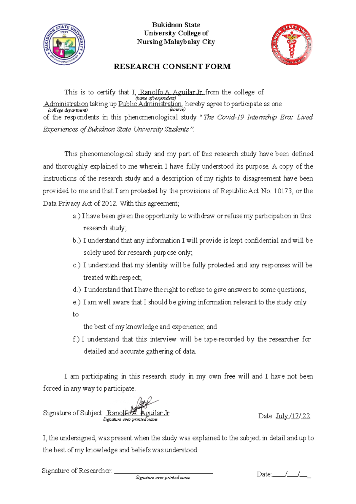 Research- Consent-FORM - Bukidnon State University College of Nursing ...