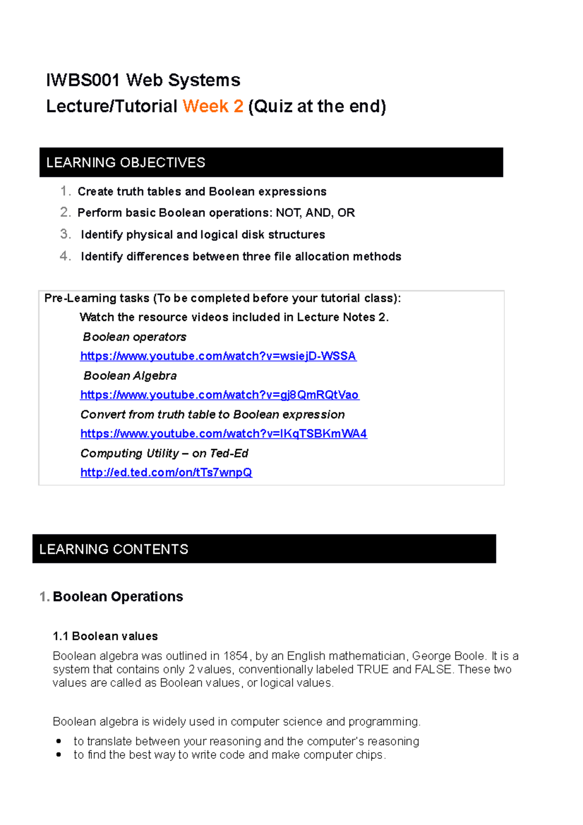 IWBS001-Tutorial Week 02 1 .Create truth tables and Boolean expressions - IWBS001 Web Systems ...