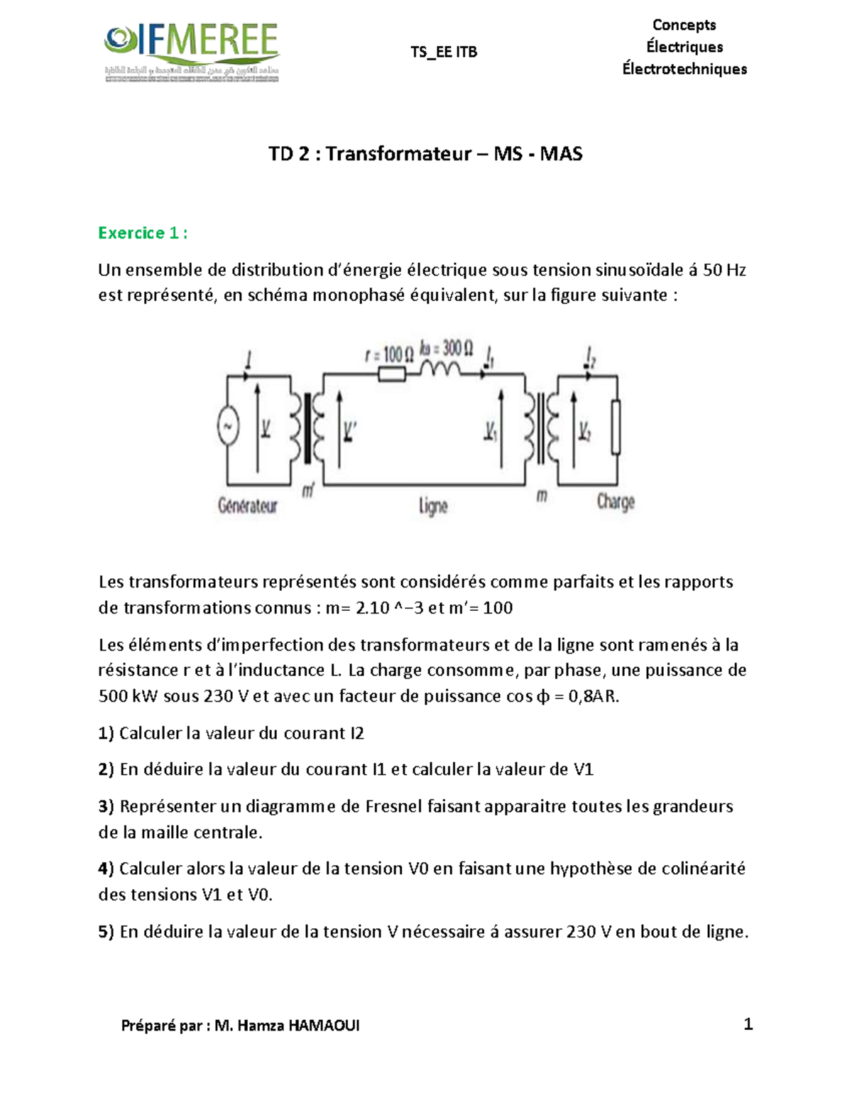 Ennoncé du TD 2 - Transformateur - MS - MAS - Électriques Électrotechniques TS_EE ITB TD 2 ...
