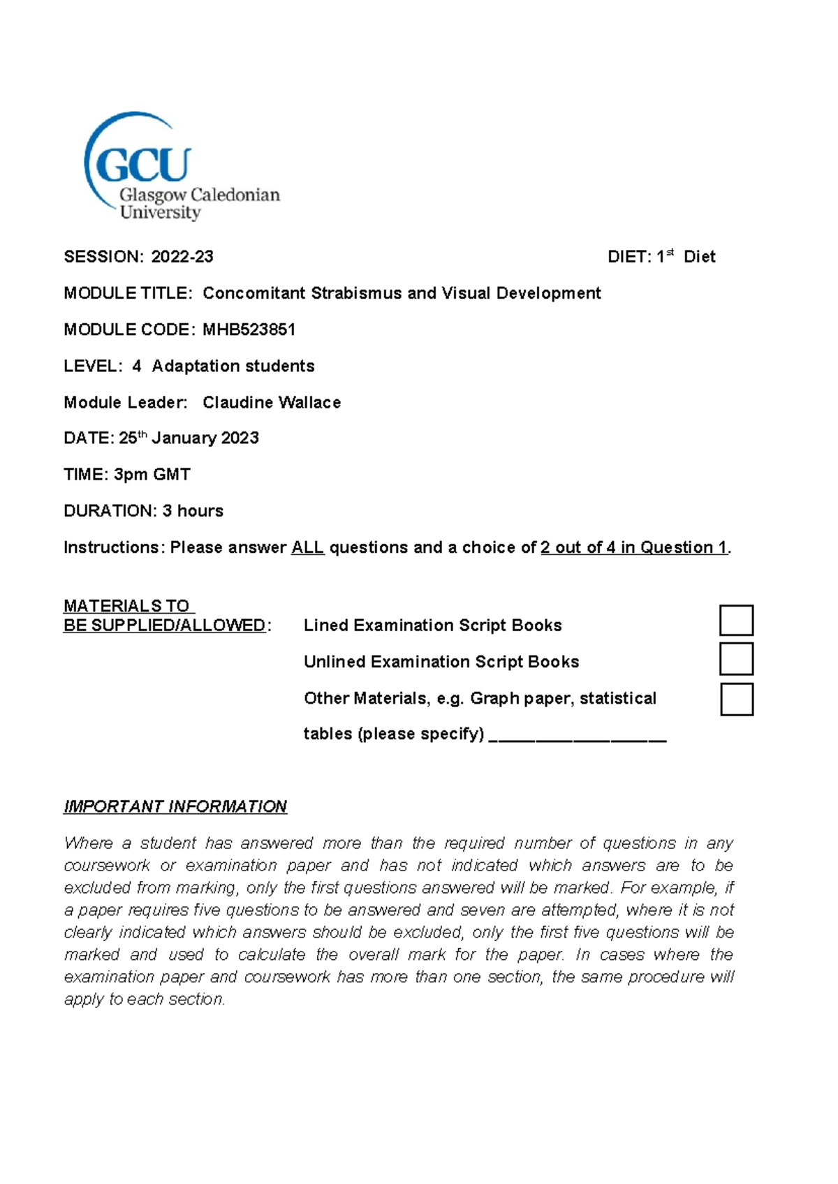 Exam paper 1st diet adaptation students Jan 23 - SESSION: 2022-23 DIET ...