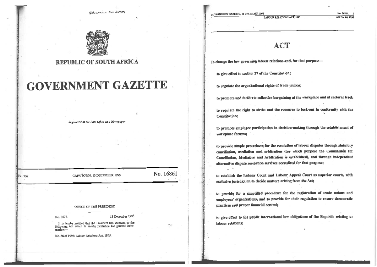 Labour Relations Act 1995 - Dra GOVERNMENT GAZETTE, 13 DECEMBER 1995 No ...