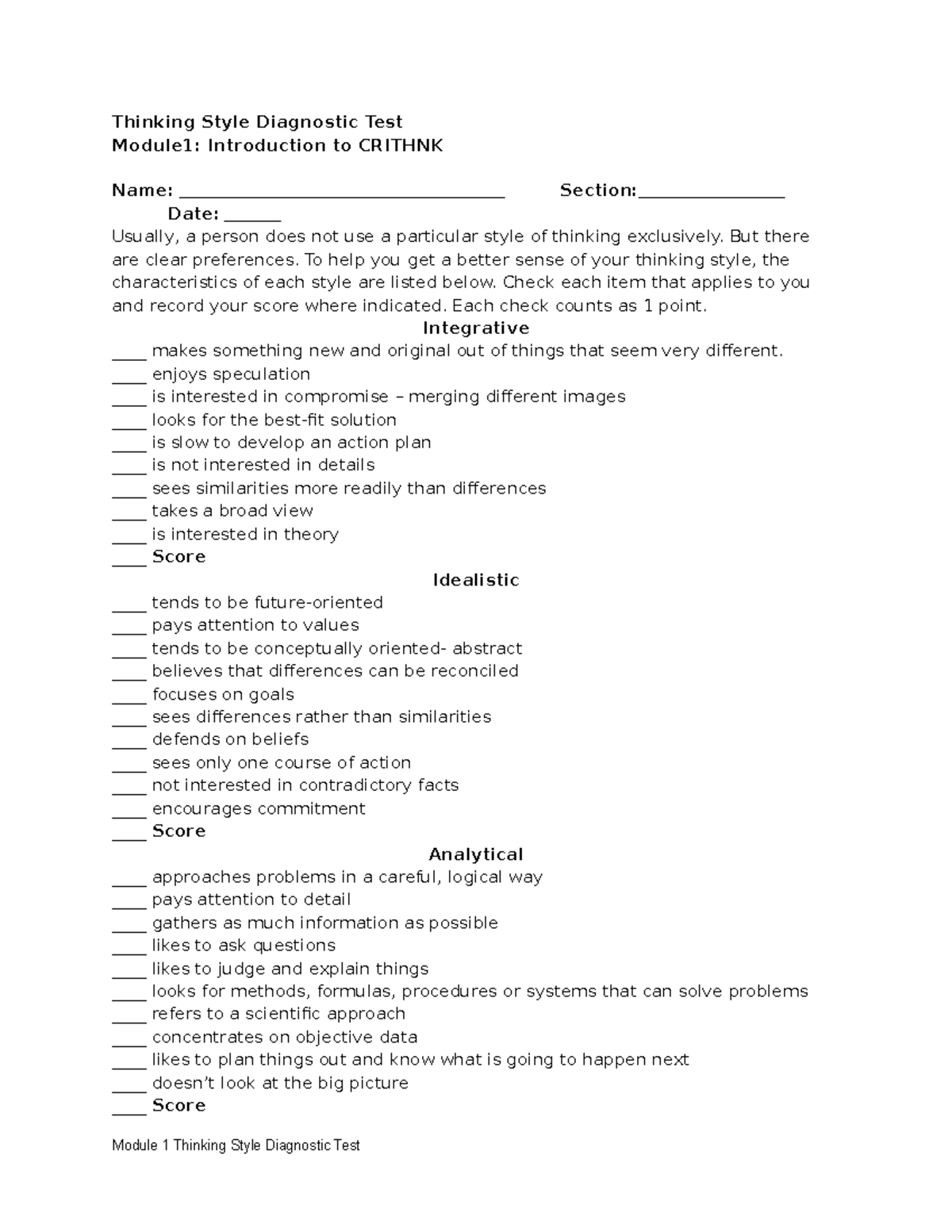 Module 1 Thinking Style Diagnostic Test Bernardo - Thinking Style ...