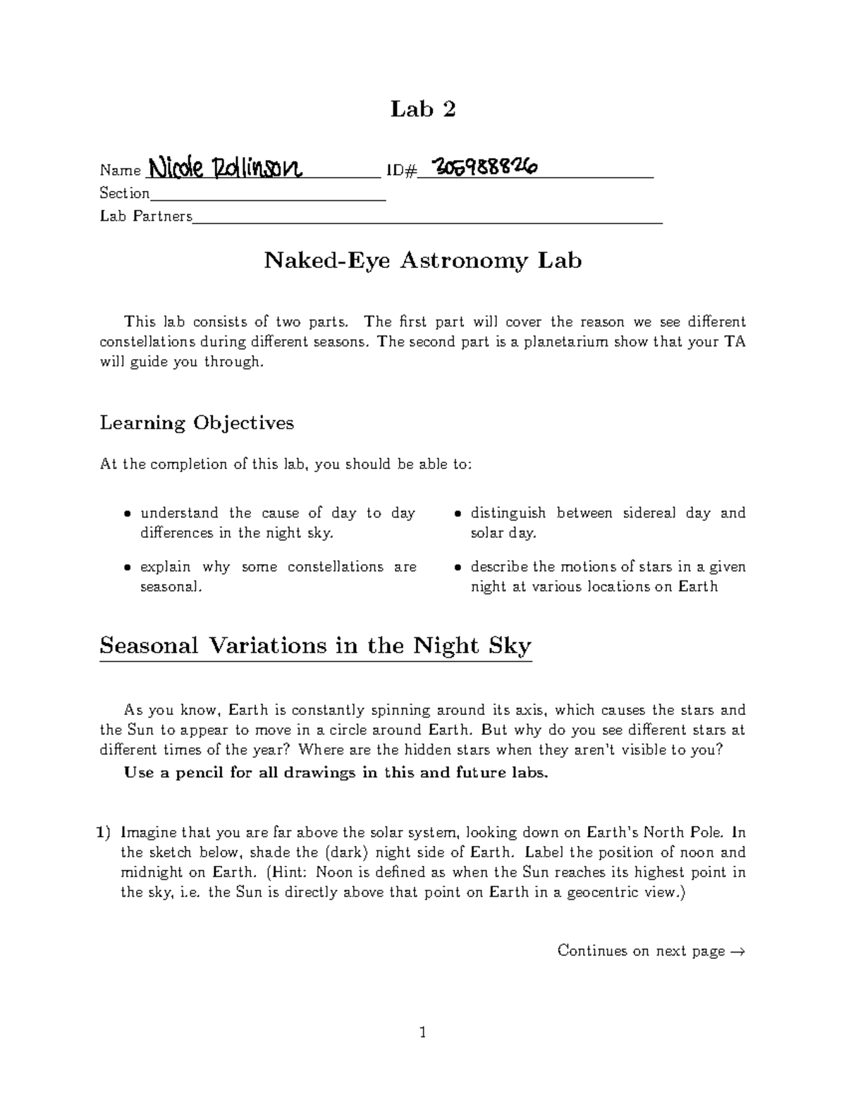 Astronomy 3 Lab 2 - Lab 2 Name ID# Section Lab Partners Naked-Eye ...