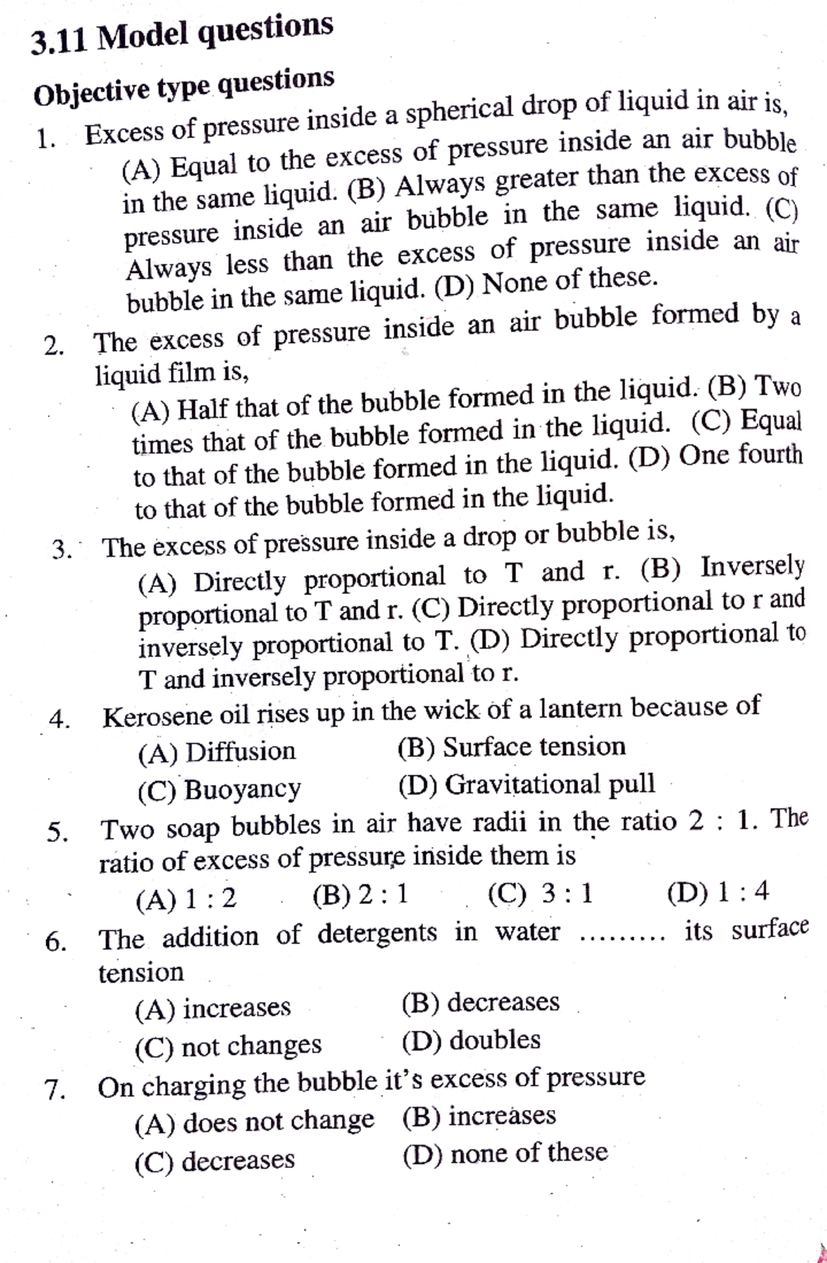 Surface tension -model questions - 3 questions Objective type questions ...