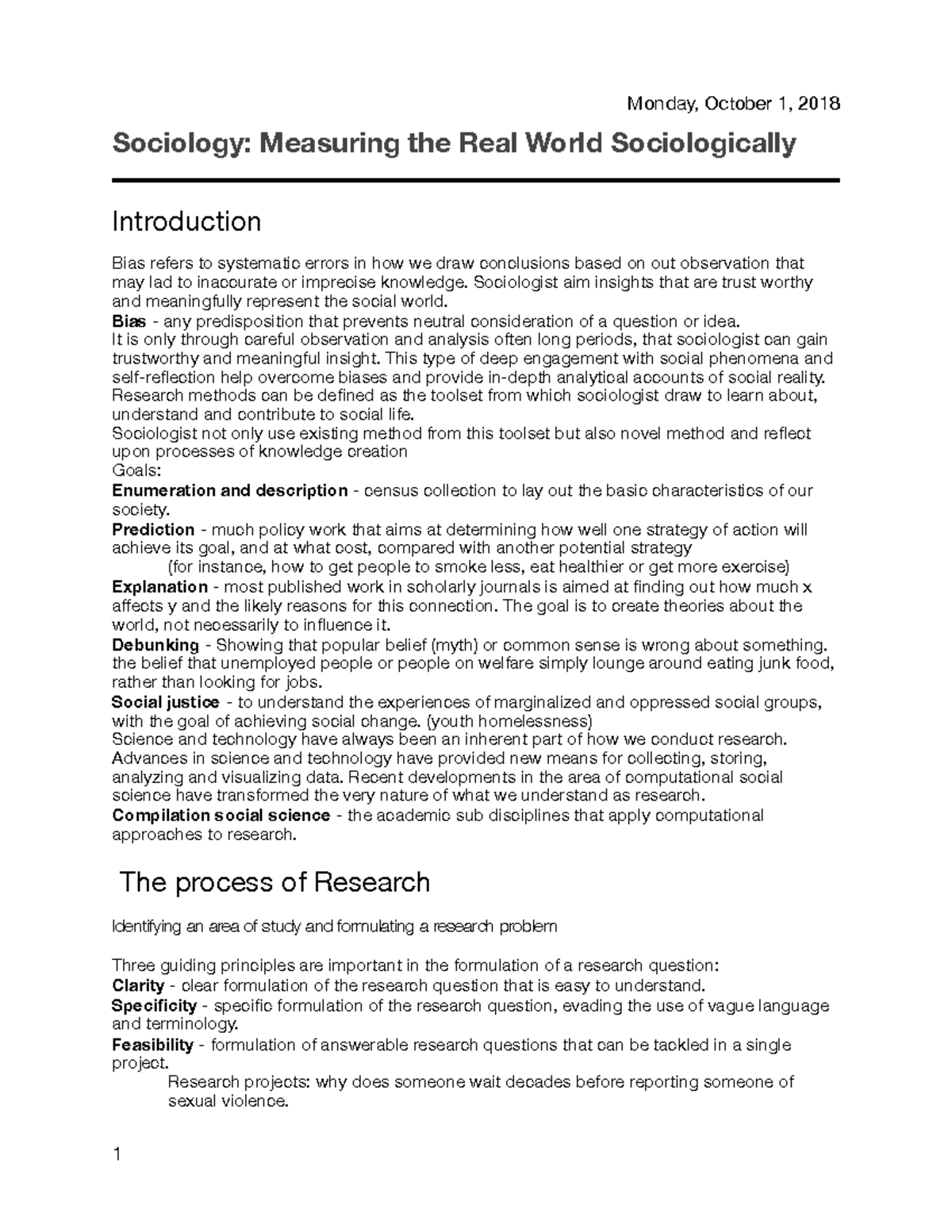 Sociology: Measuring the Real World Sociologically - Monday, October 1 ...