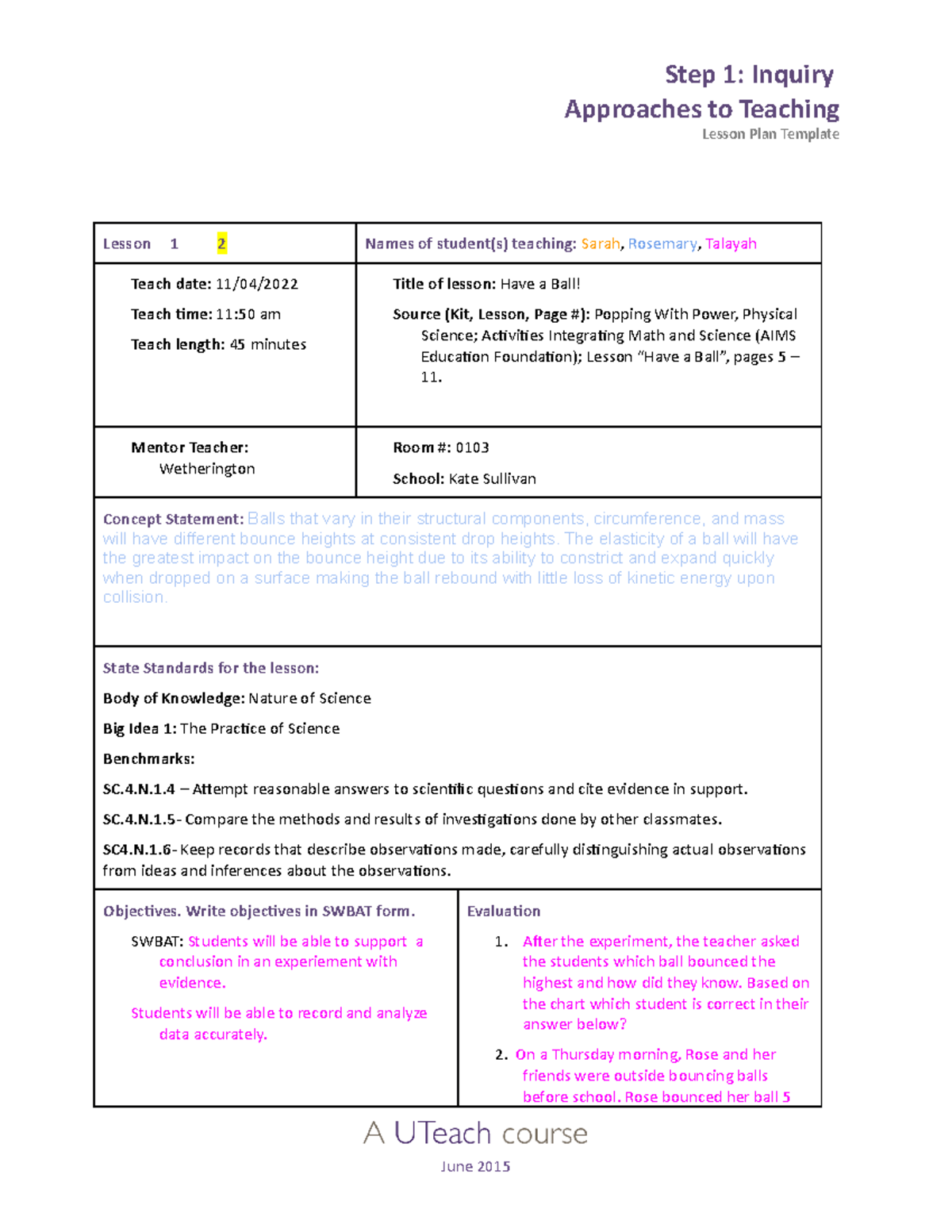 Lesson Plan 2 - Step 1: Inquiry Approaches to Teaching Lesson Plan ...