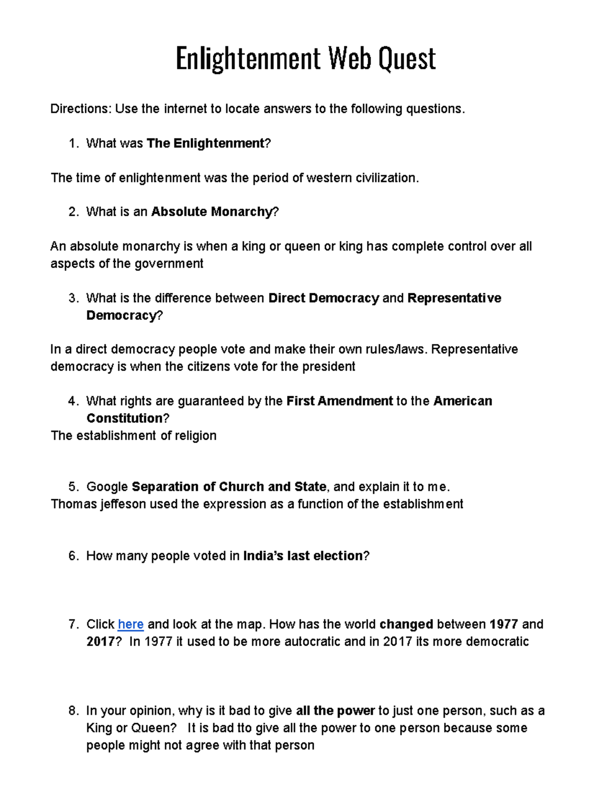 Enlightenment Web Quest - Enlightenment Web Quest Directions: Use the ...