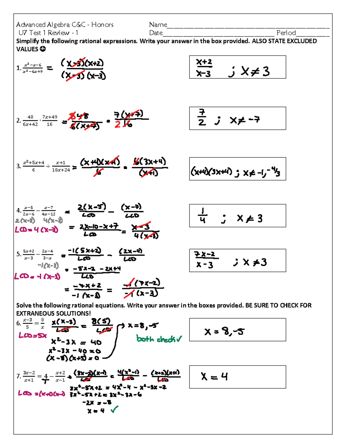 Test Review Unit 7 - Honors - Advanced Algebra C&C - Honors - Studocu