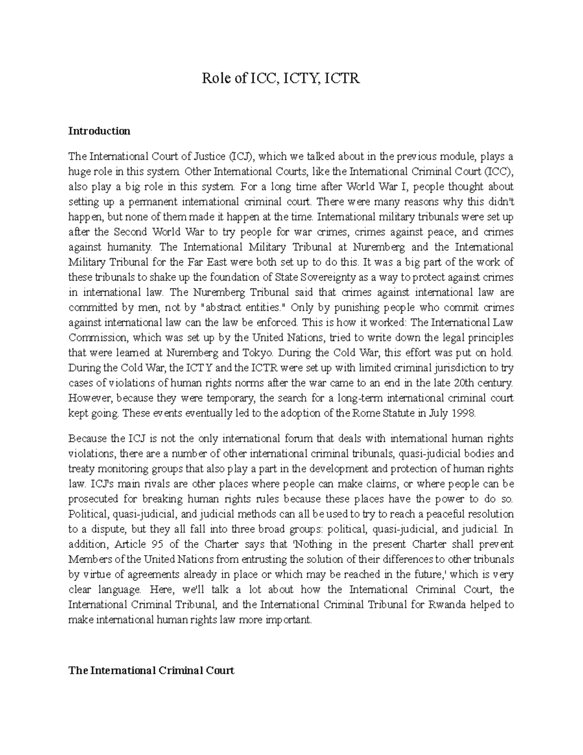 Role of ICC ICTY, ICTR - Lecture notes 6 - Role of ICC, ICTY, ICTR ...