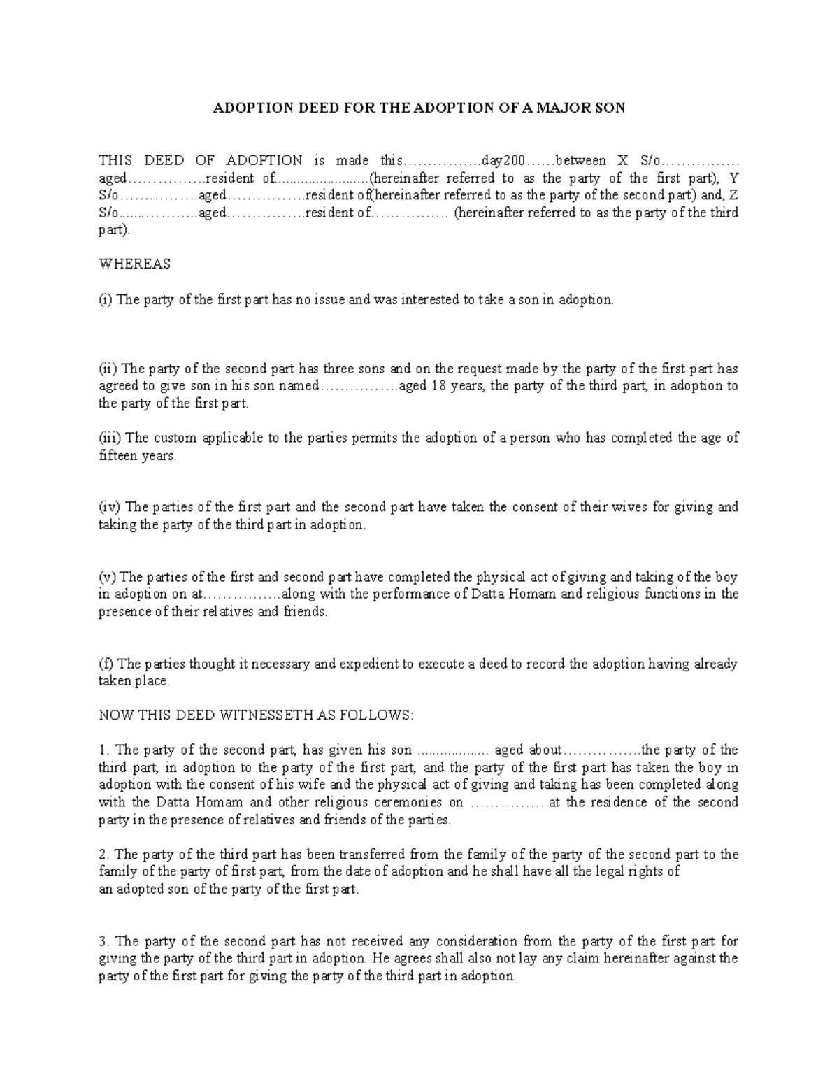 Adoption DEED FOR THE Adoption OF A Major SON - ADOPTION DEED FOR THE ...