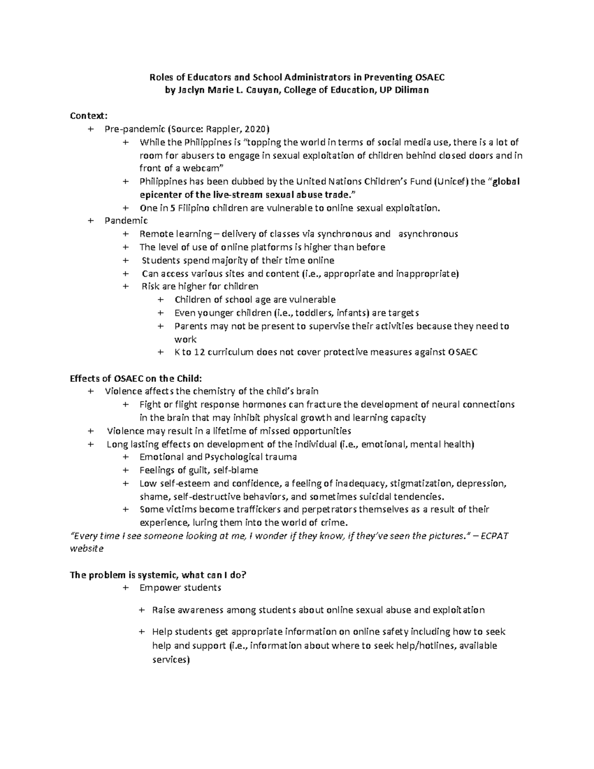 Roles of Educators and School Administrators in Preventing Osaec ...