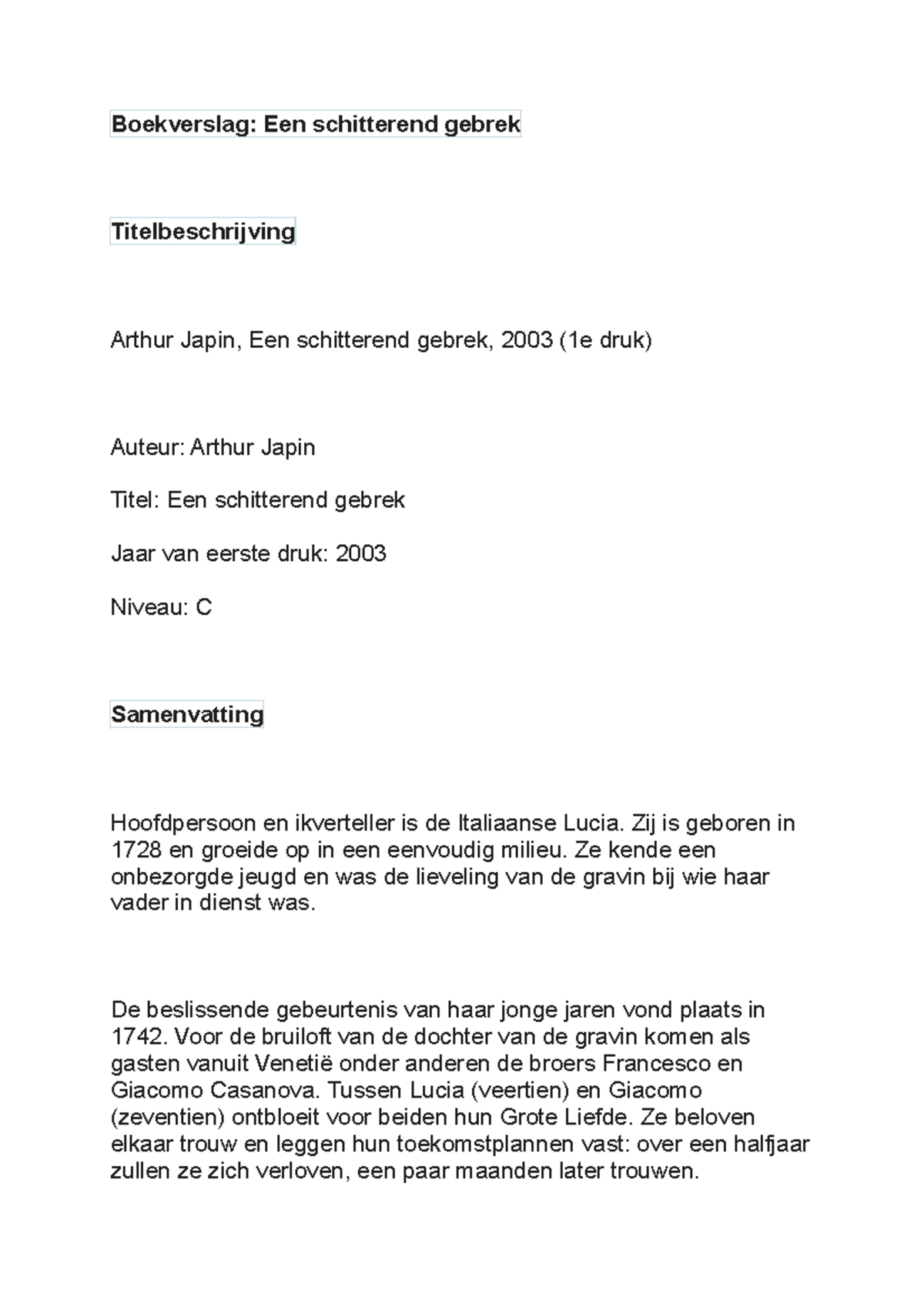 Boekverslag Een schitterend gebrek - Boekverslag: Een schitterend ...