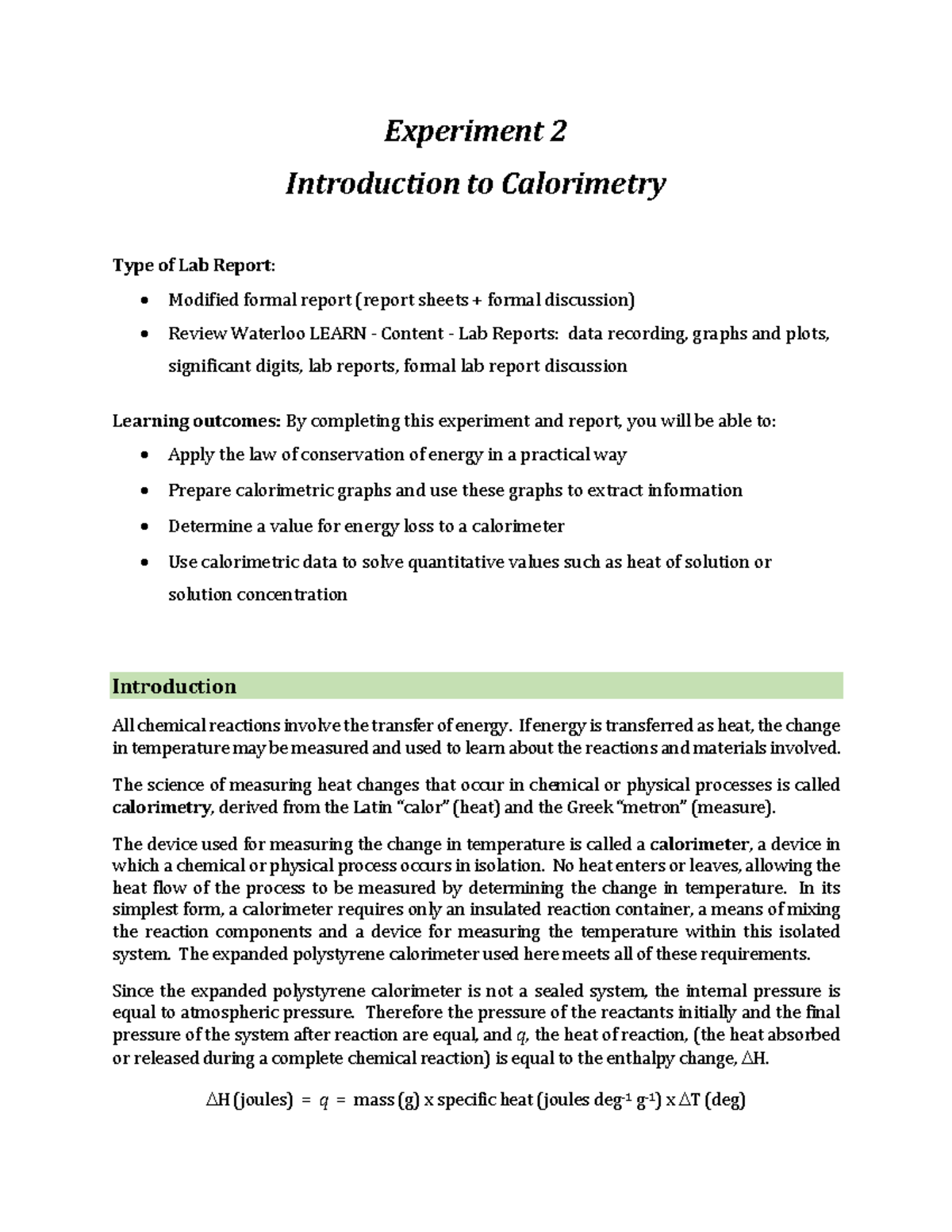 123L Ex2 Calorimetry background and procedure - Experiment 2 ...