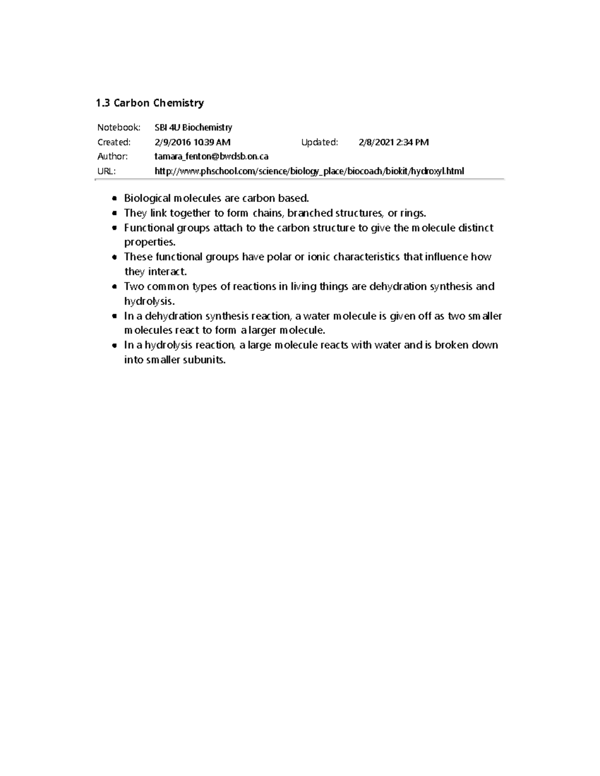 1.3 Carbon Chemistry from the Biology Nelson Textbook in 2024 taken in ...