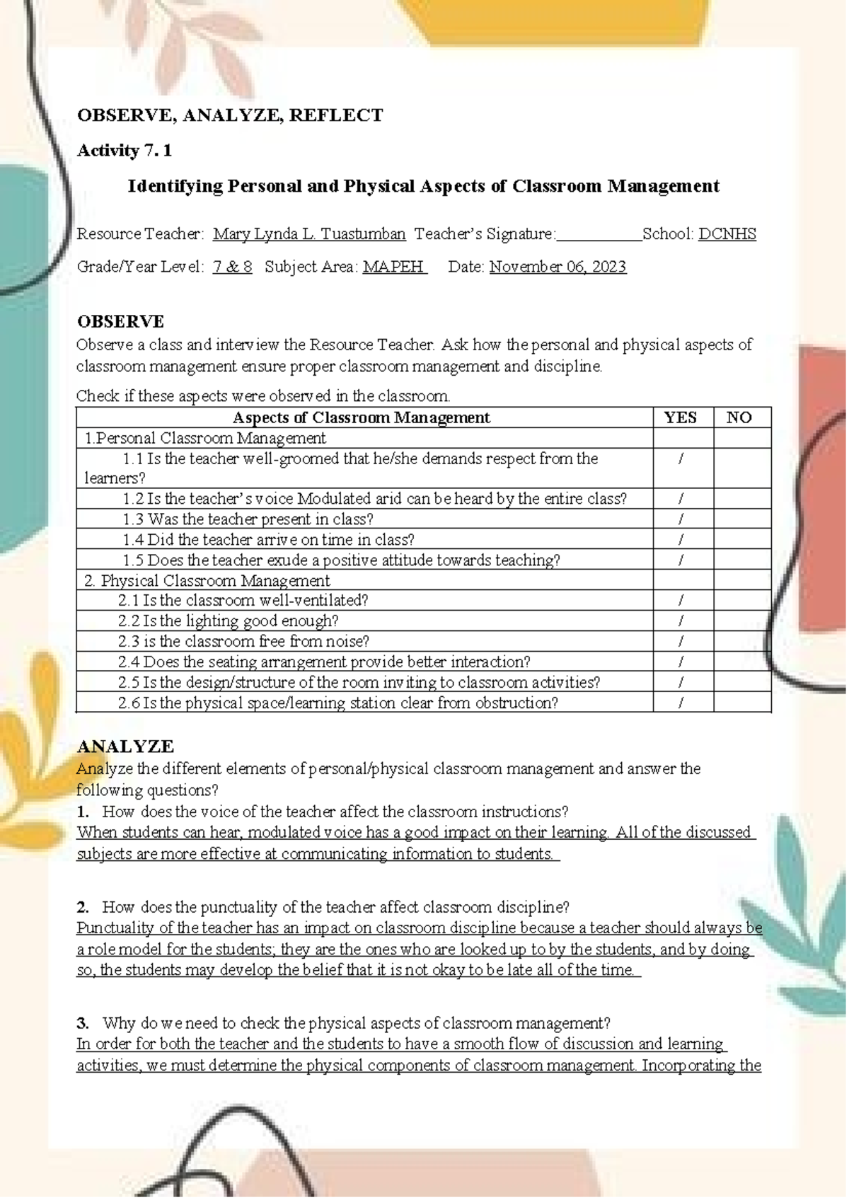 Episode-7 - Key Answer - OBSERVE, ANALYZE, REFLECT Activity 7. 1 ...
