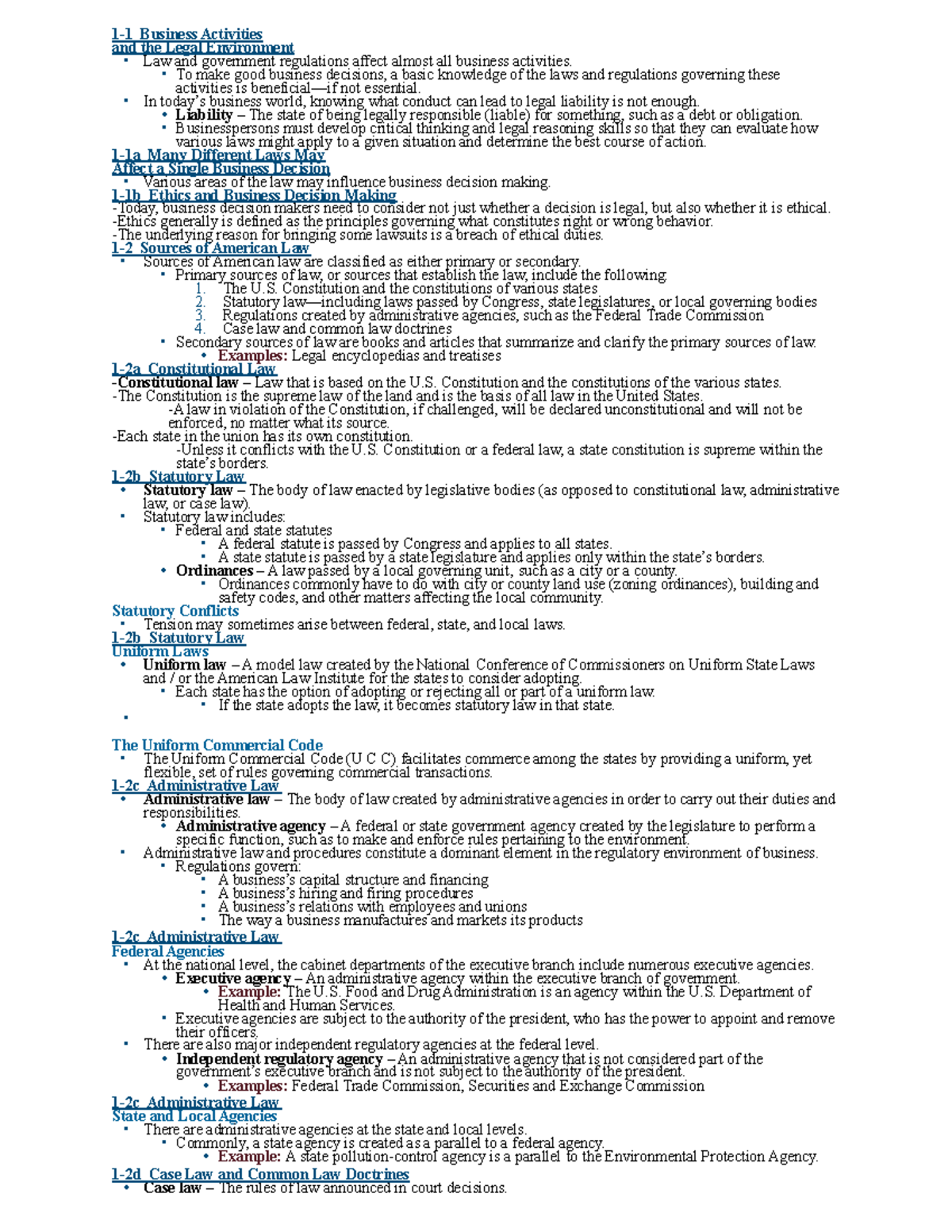 Business Law Exam Note Sheets - 1-1 Business Activities and the Legal ...