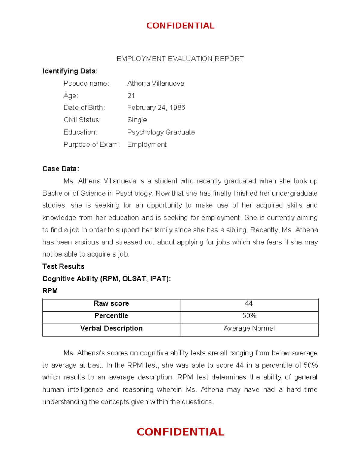 Sample-Psych-Report - sample report - EMPLOYMENT EVALUATION REPORT ...
