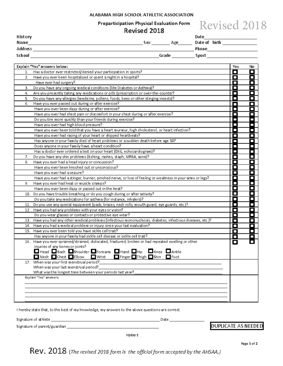 Revised 2018 Form 5 Physical - ALABAMA HIGH SCHOOL ATHLETIC ASSOCIATION ...