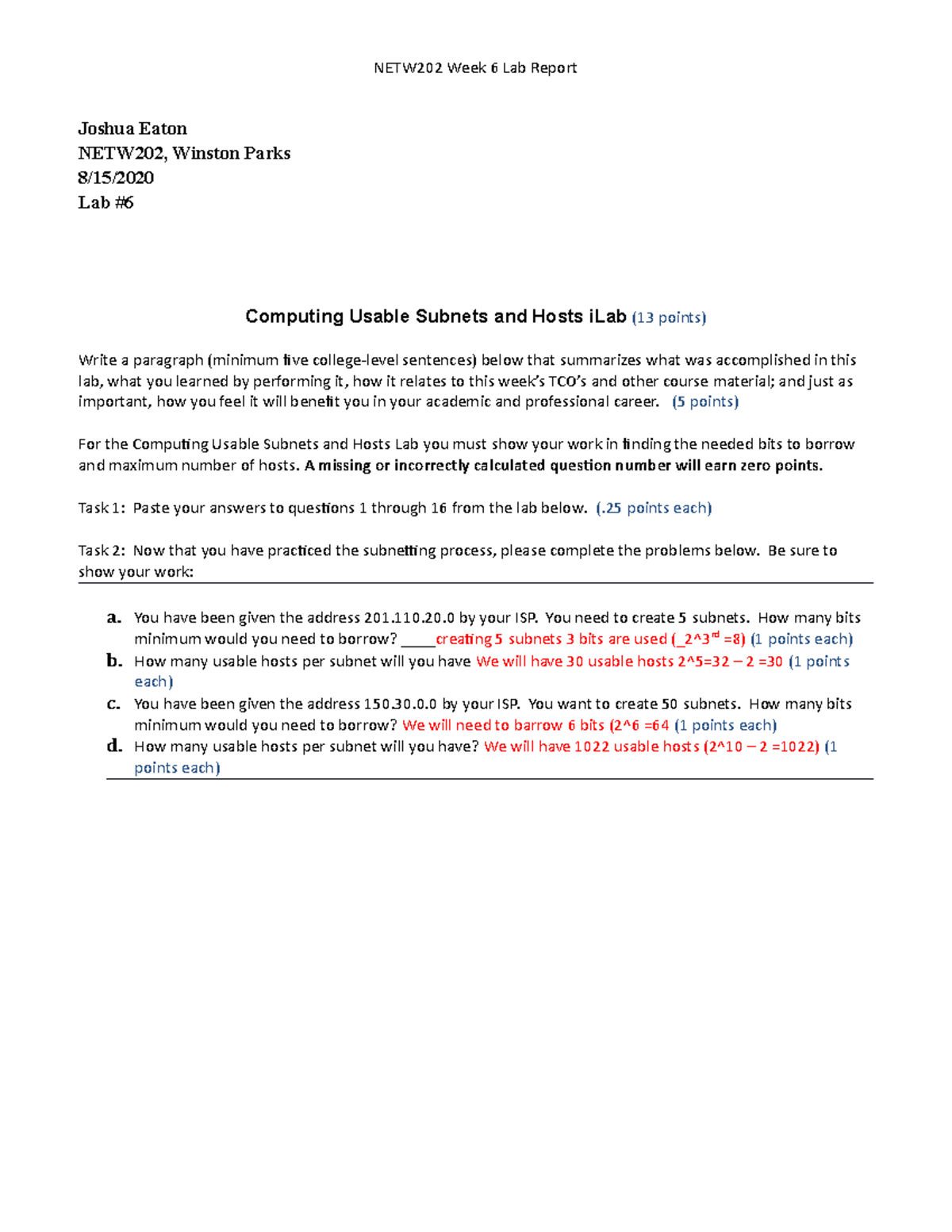 NETW202 W6 Lab Report - Joshua Eaton NETW202, Winston Parks 8/15/ Lab ...