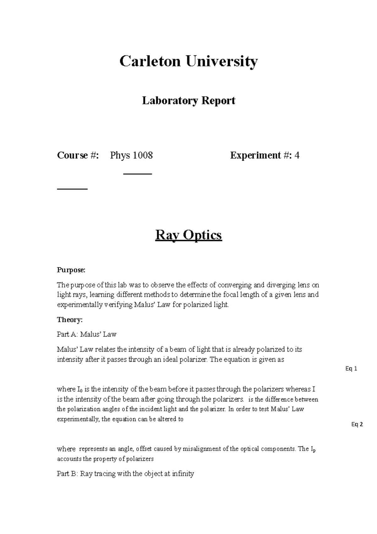 Lab - Ray optics - Carleton University Laboratory Report Course #: Phys ...