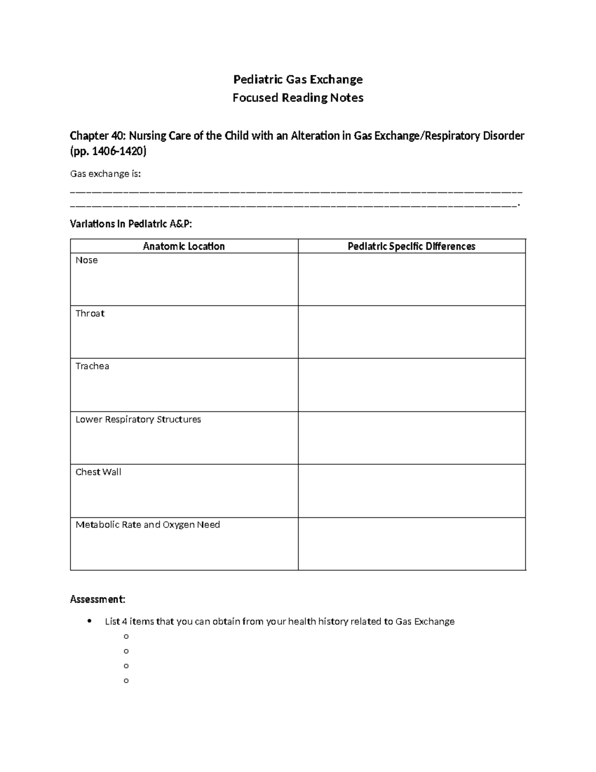 Pediatric Gas Exchange Focused Reading Notes - Pediatric Gas Exchange ...