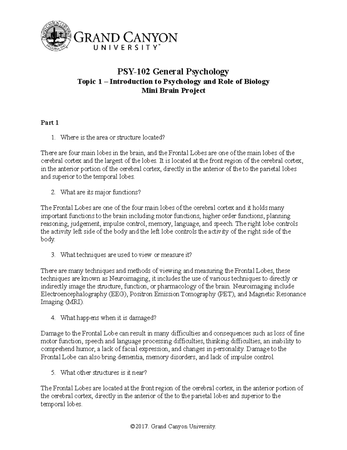 Mini Brain Project - PSY-102 General Psychology Topic 1 – Introduction ...