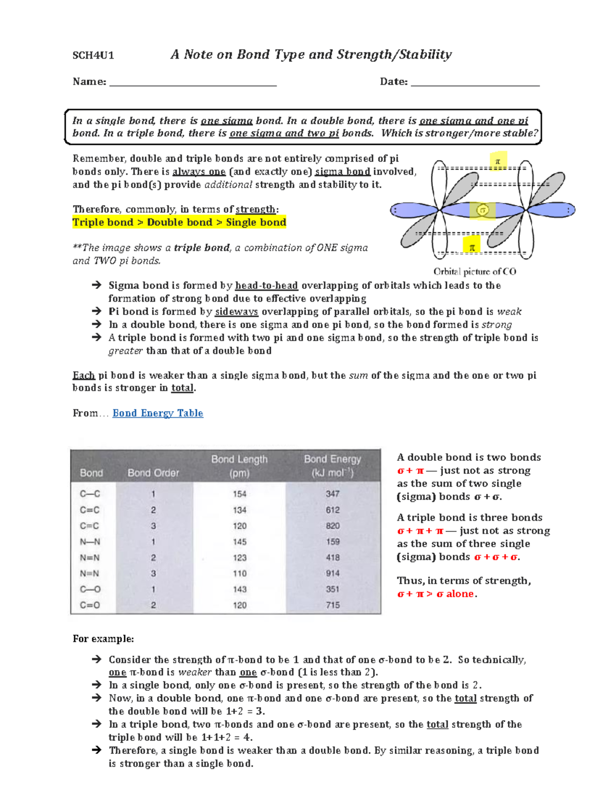 Bond Type and Strength Note - SCH4U1 A Note on Bond Type and Strength ...