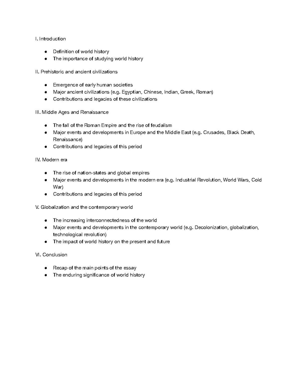 Outline for an essay about world histiry - I. Introduction Definition ...