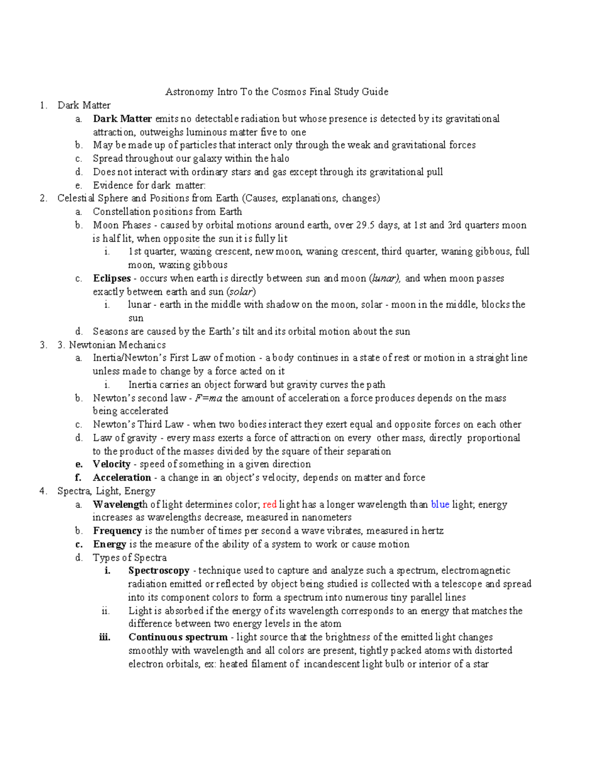 AST. Cosmos Final Study Guide - Astronomy Intro To the Cosmos Final ...